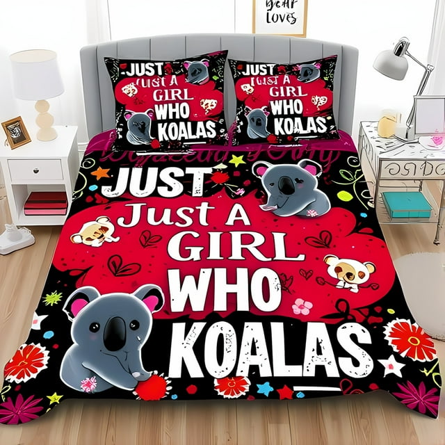 3-Piece Black & Hot Pink "Just a Girl Who Koalas" Bedding Set with ...
