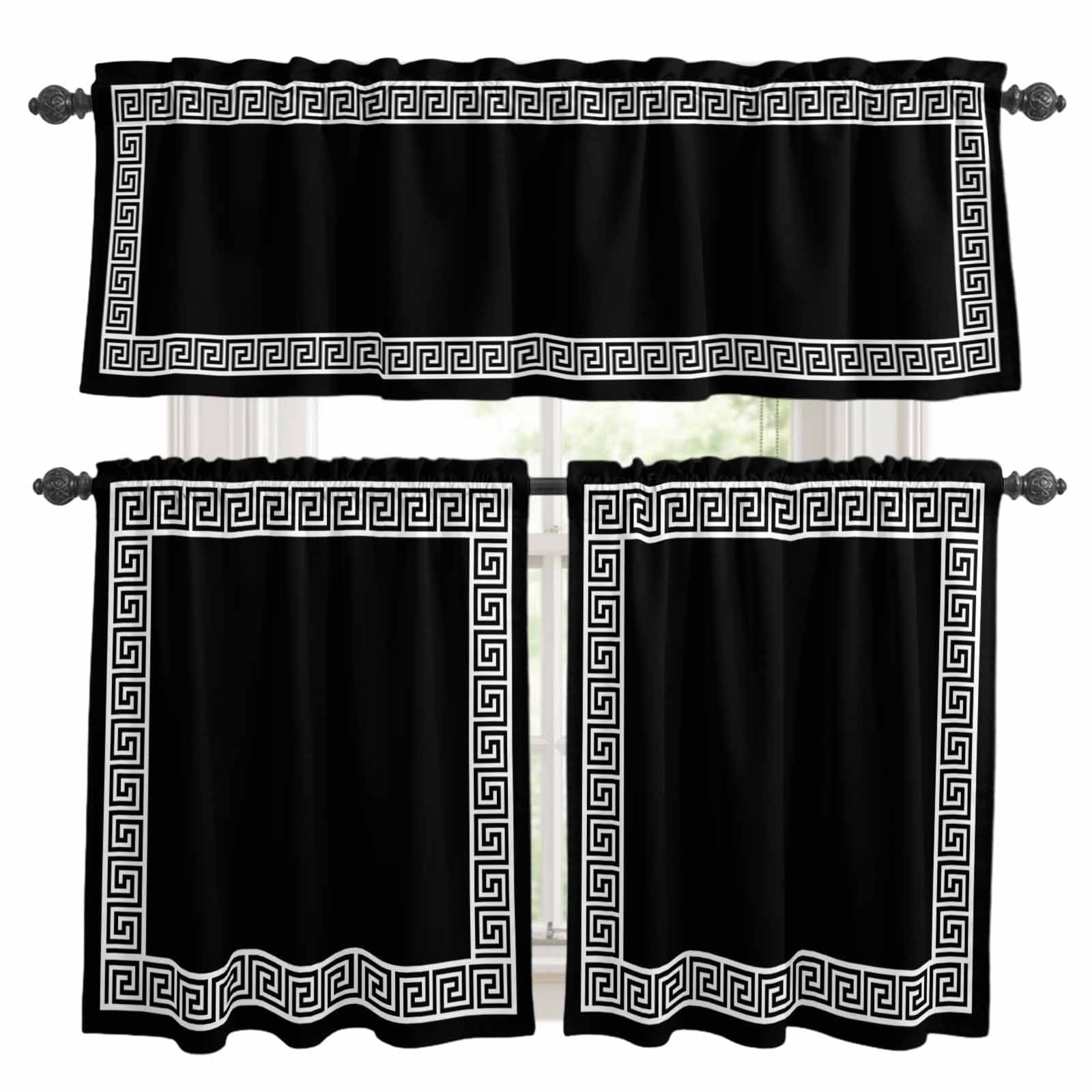 3 Piece Black Kitchen Curtain Valance and Tiers Set Greek Chinese Style ...