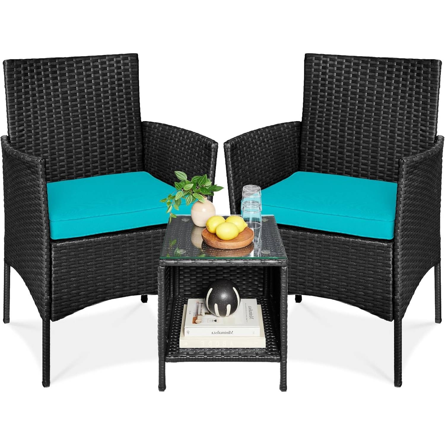 3-Piece Black PE Wicker Outdoor Dining Patio Furniture Set w/ Teal Blue ...