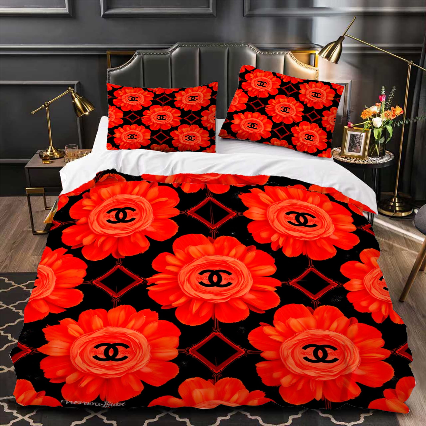 3-Piece Black & Red Floral Duvet Cover Set - Luxurious Large Red ...