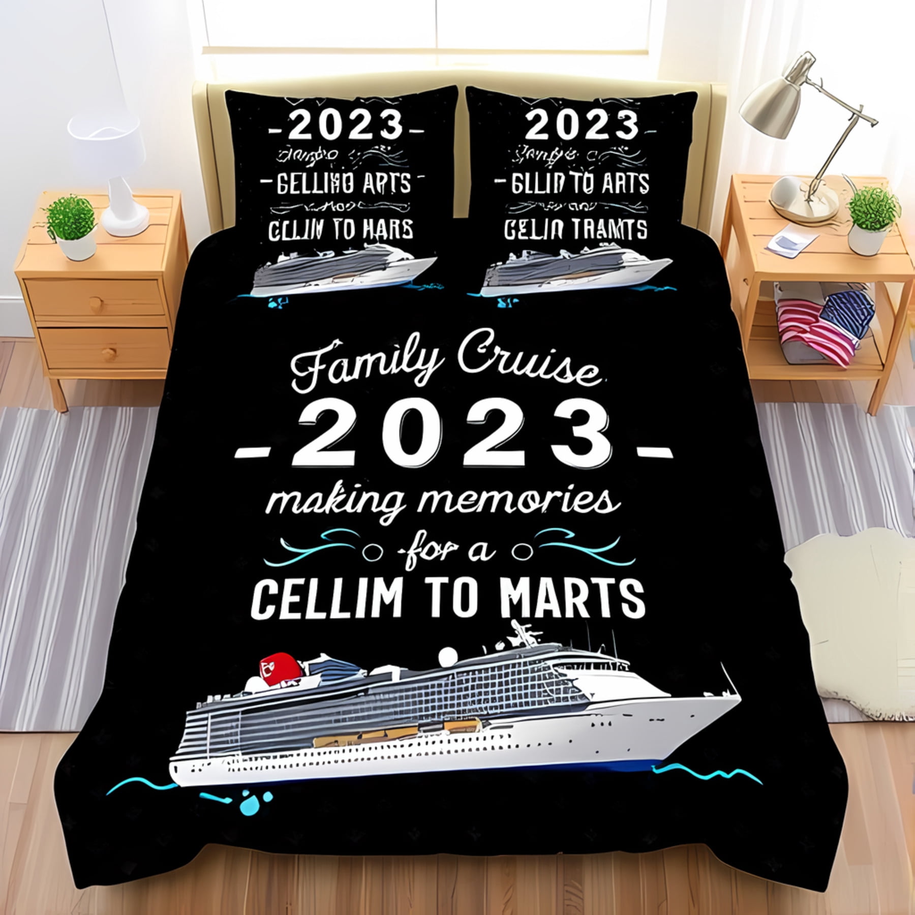 3-Piece Black Themed Duvet Cover Set with Whimsical Cruise Ship ...