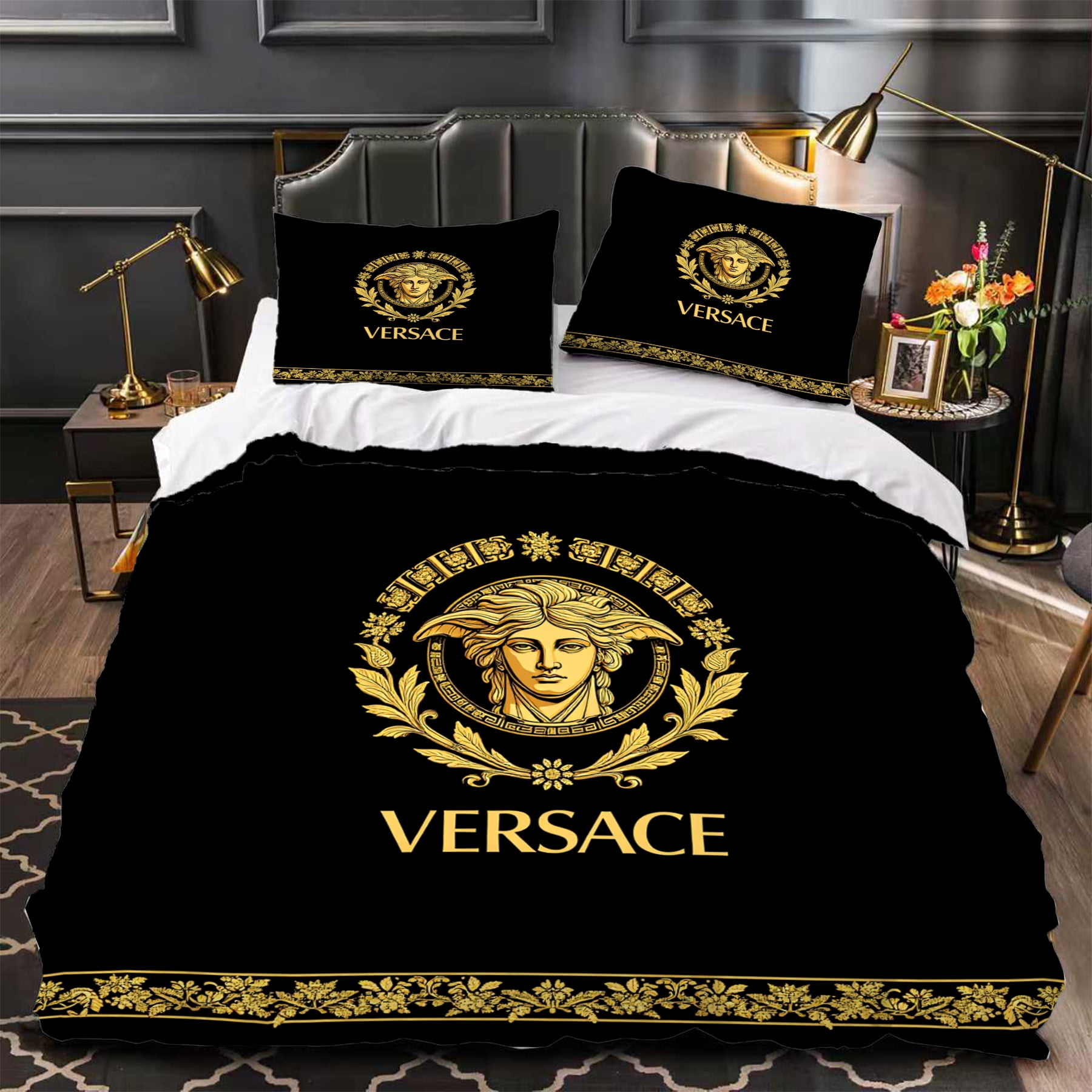 3-Piece Black and Gold Duvet Cover Set with Classical Emblem and Laurel ...