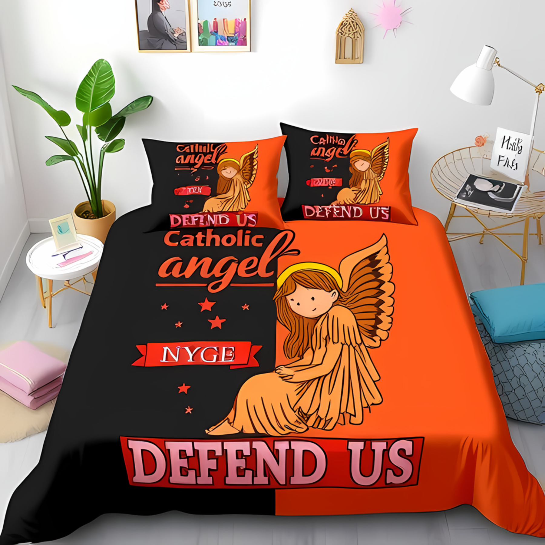 3-Piece Black and Orange Cartoon Angel Duvet Cover Set with Stars and ...