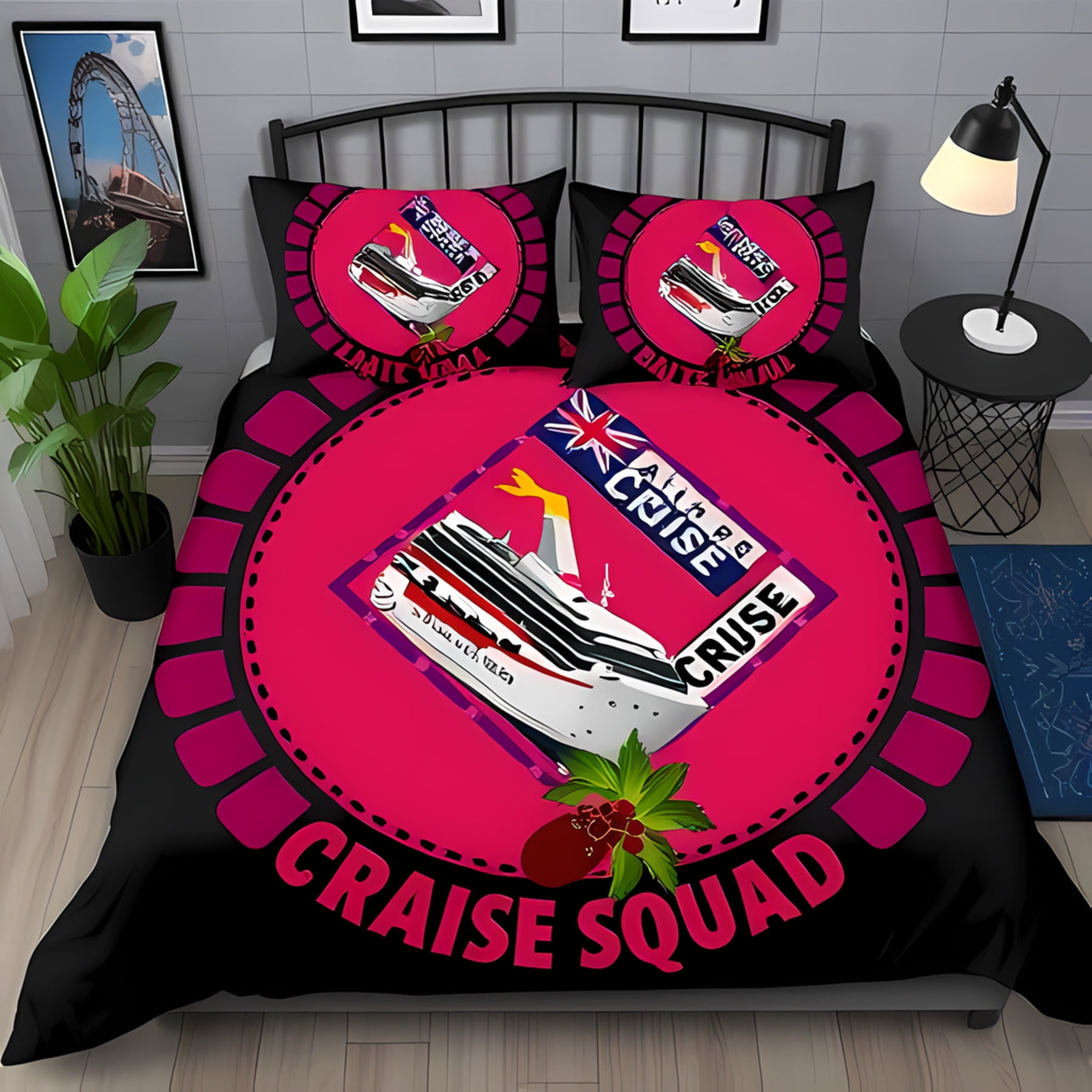 3-Piece Black and Pink Cruise Ship Duvet Cover Set with " CRUISE SQUAD ...