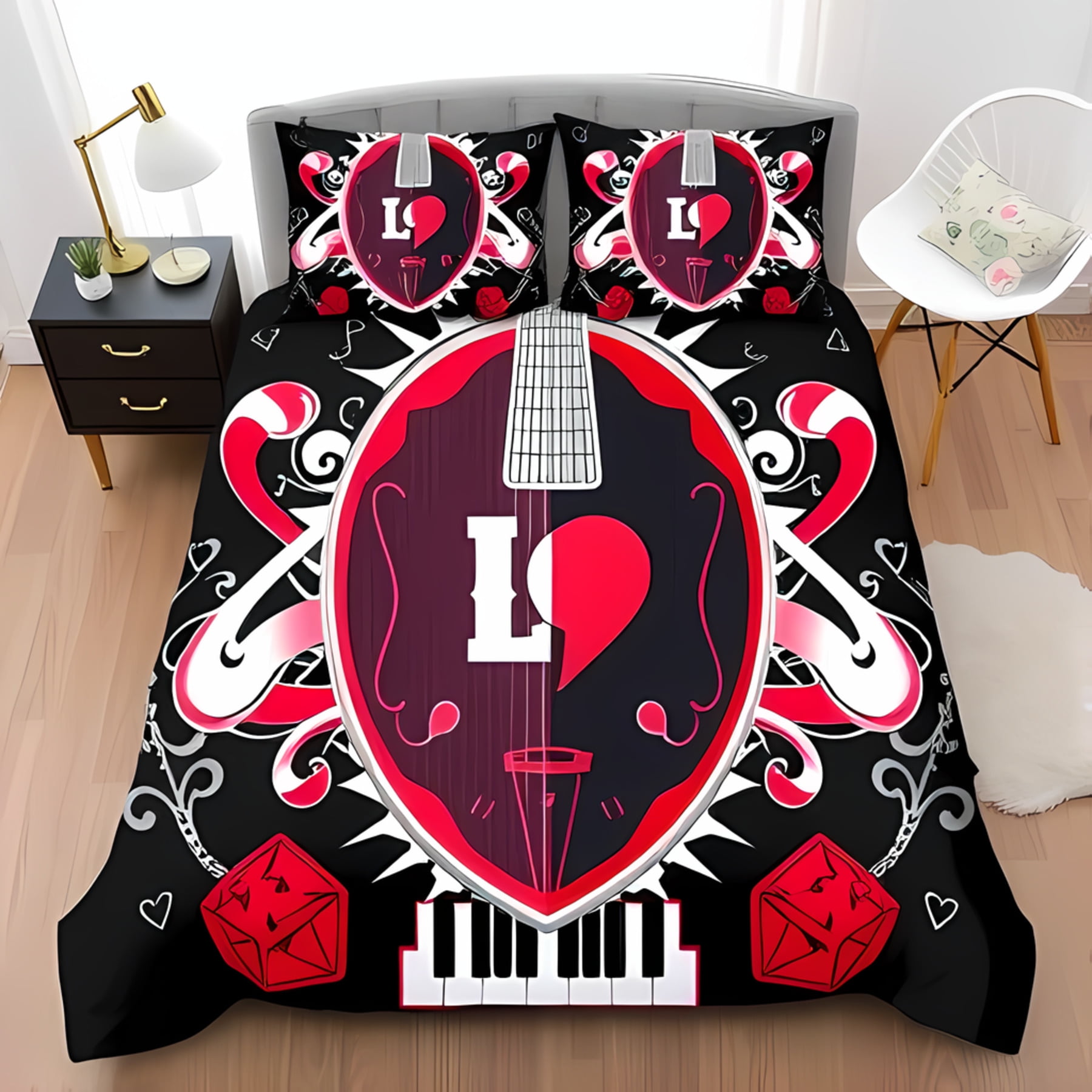 3-Piece Black and Red Duvet Cover Set with Guitar Heart Gothic Romance ...