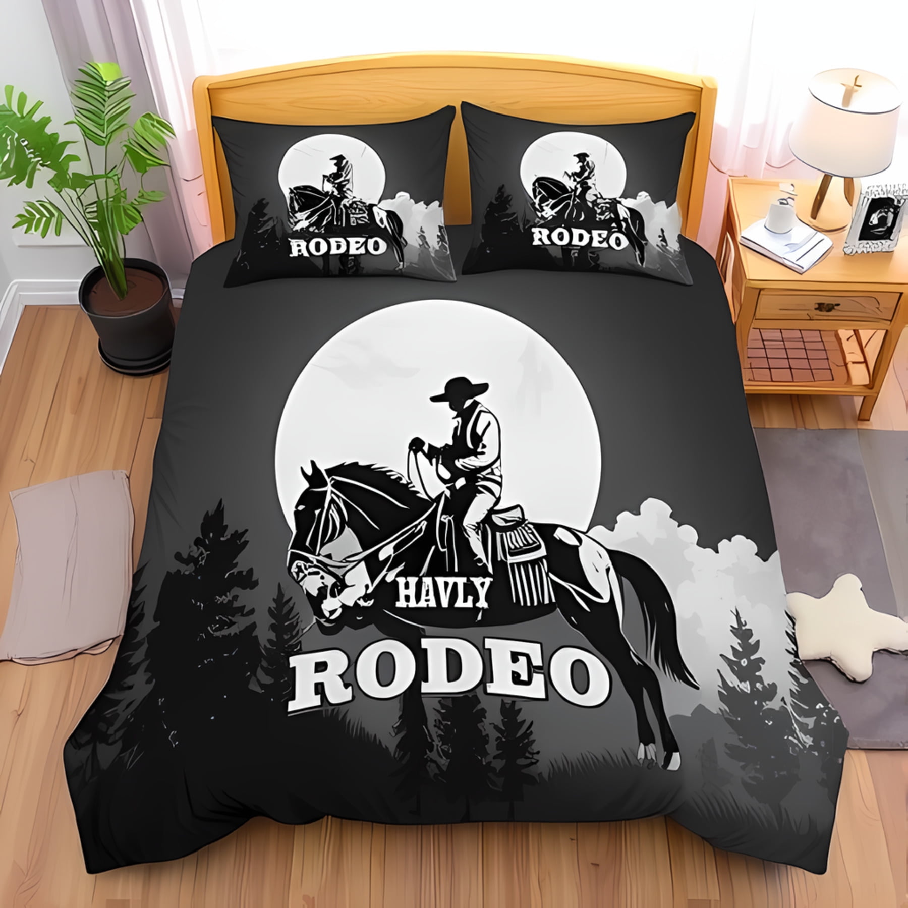 3-Piece Black and White Rodeo Duvet Cover Set with Cowboy & Moon Design ...
