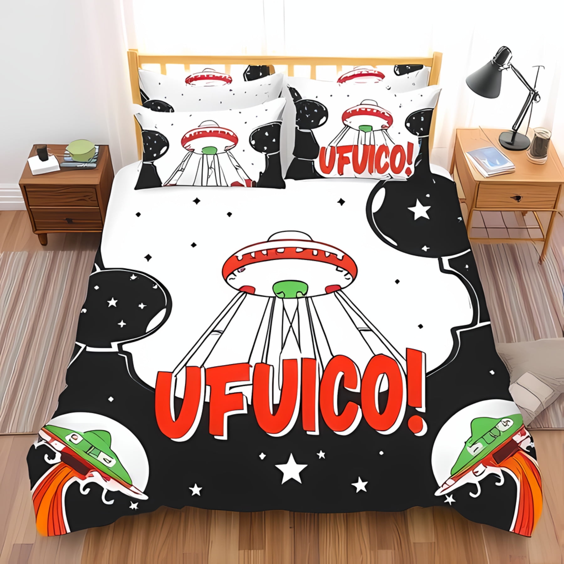 3-Piece Black and White UFO Duvet Cover Set with Bold " UFUICO " Design ...