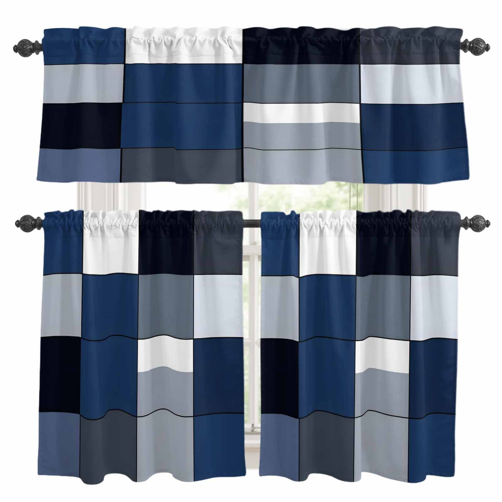3 Piece Blue Black Kitchen Curtain Valance and Tiers Set Geometric ...