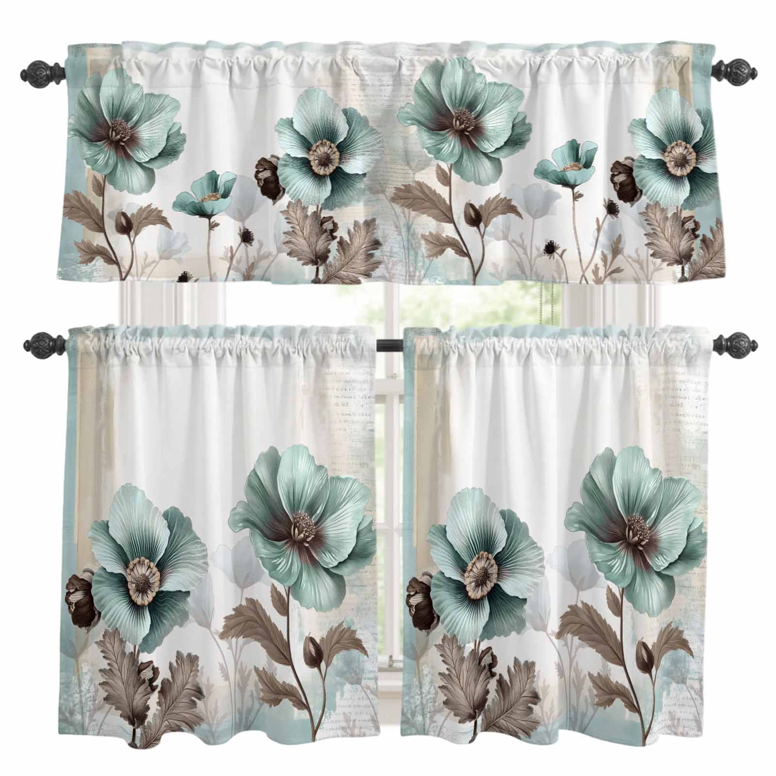 3 Piece Blue Broccoli Kitchen Curtain Valance and Tiers Set Vintage ...