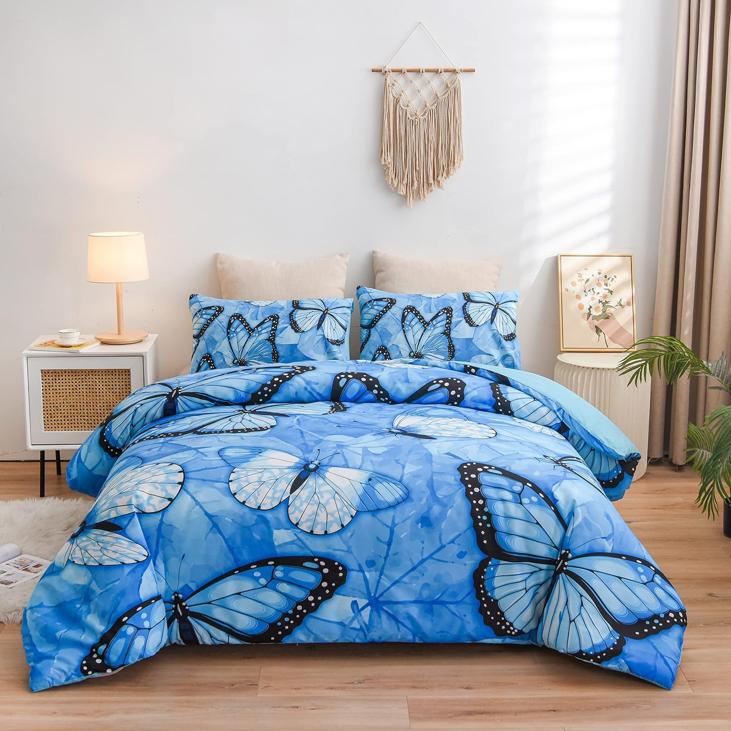 3 Piece Blue Butterfly Girls Kids Adults Queen Size Comforter Set ...