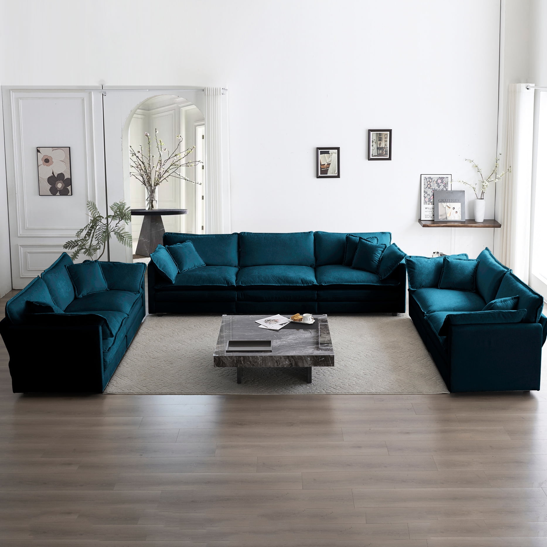 3 Piece : Blue Chenille Oversized Comfy Couch. Contains 2x 2 Seater And ...
