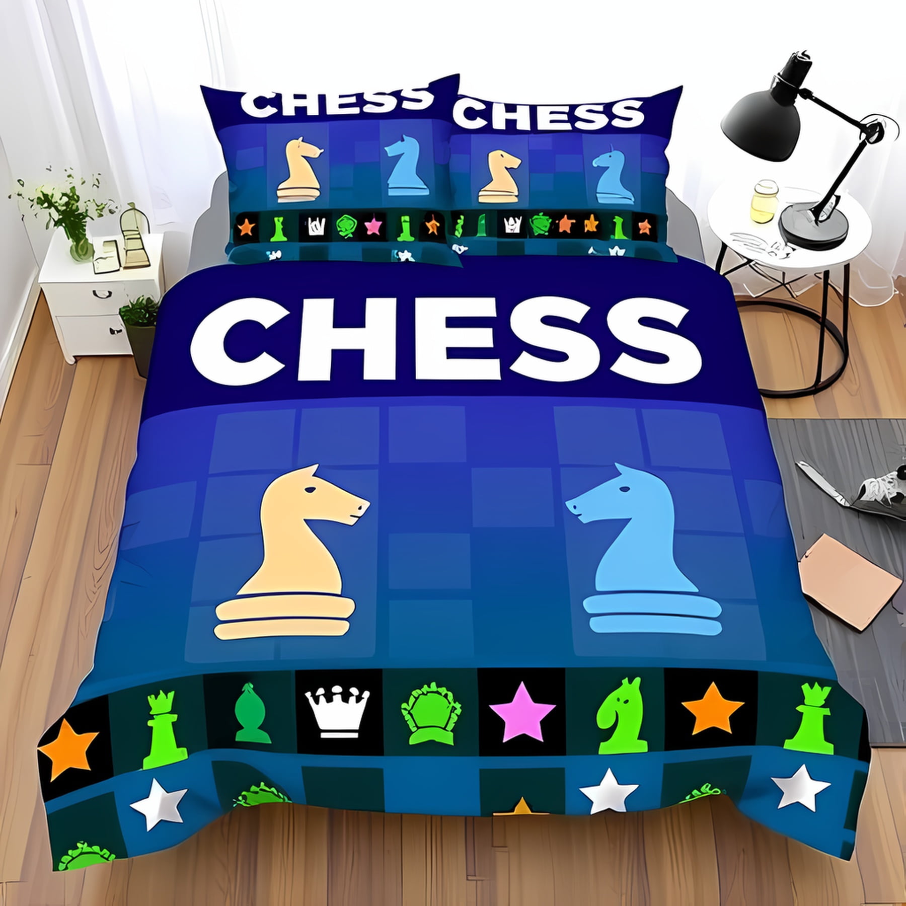 3-Piece Blue Chess Duvet Cover Set with Coordinating Pillowcases - Playful & Bedding for Adults ...