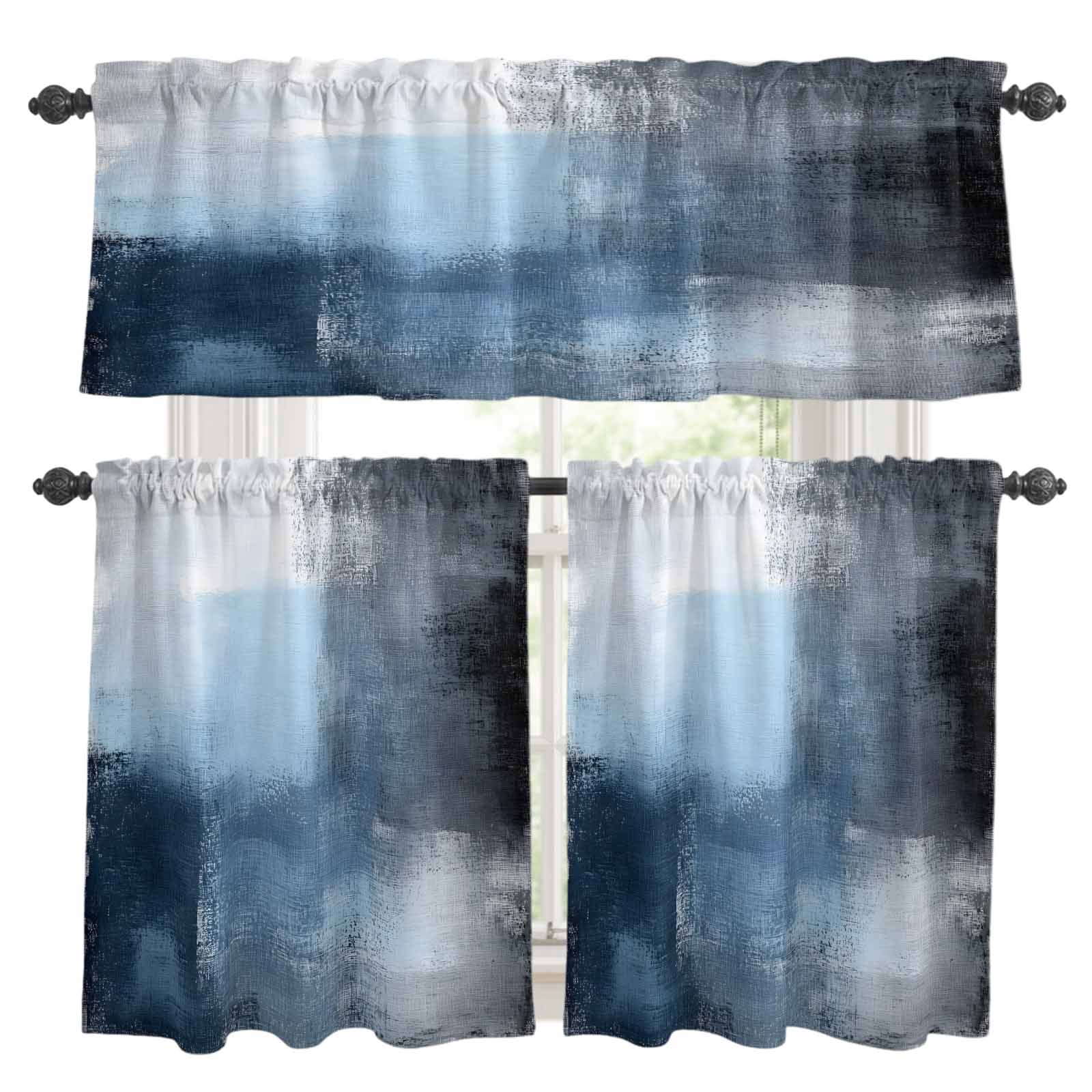 3 Piece Blue Color Block Kitchen Curtain Valance and Tiers Set Abstract ...