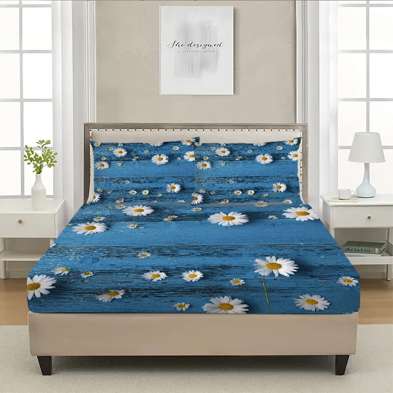 3-Piece Blue Daisy Bedding Set - Ultra Soft Fitted Sheet & Pillowcases ...