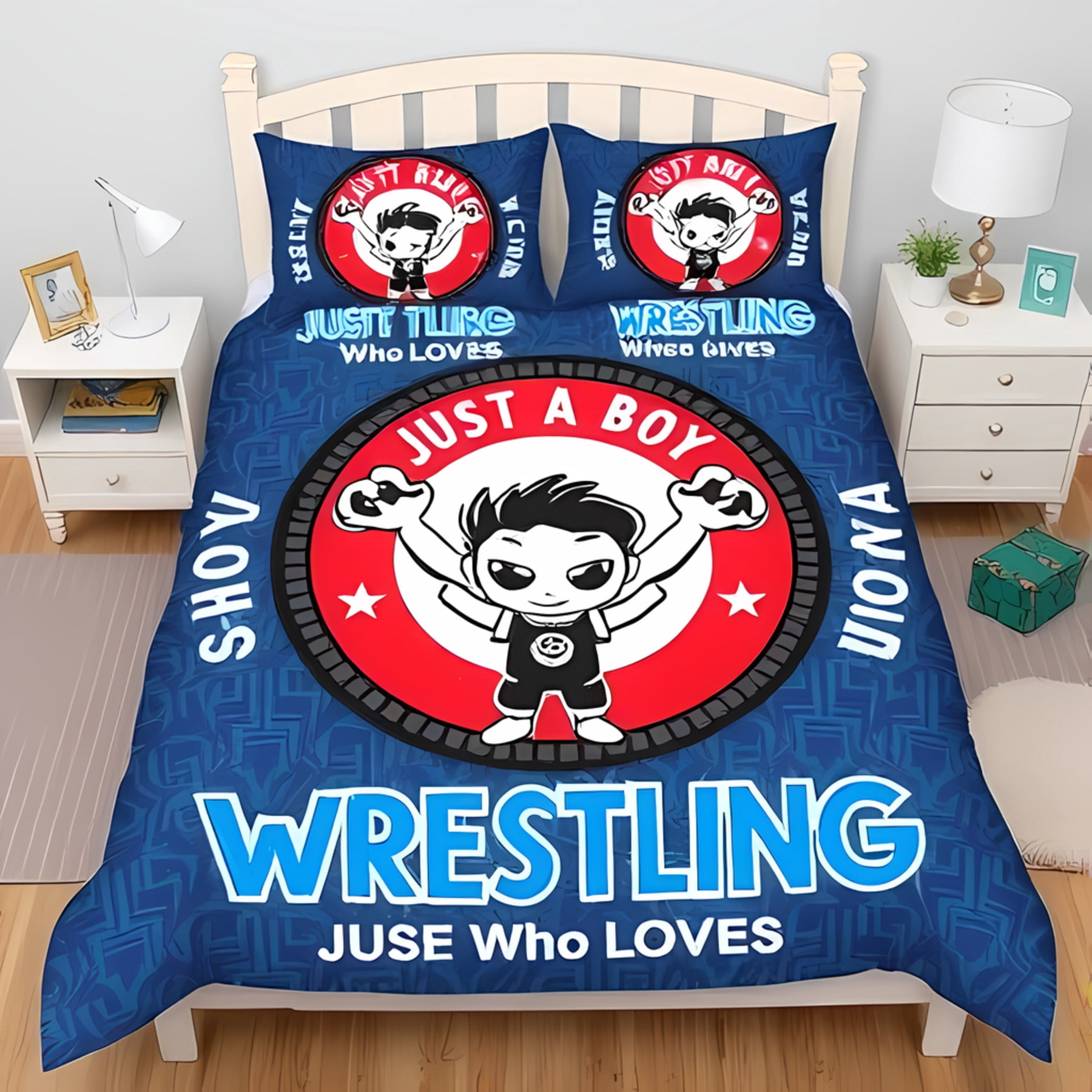 3-Piece Blue Duvet Cover Set with Cartoon Boy Wrestler Design & Bold ...