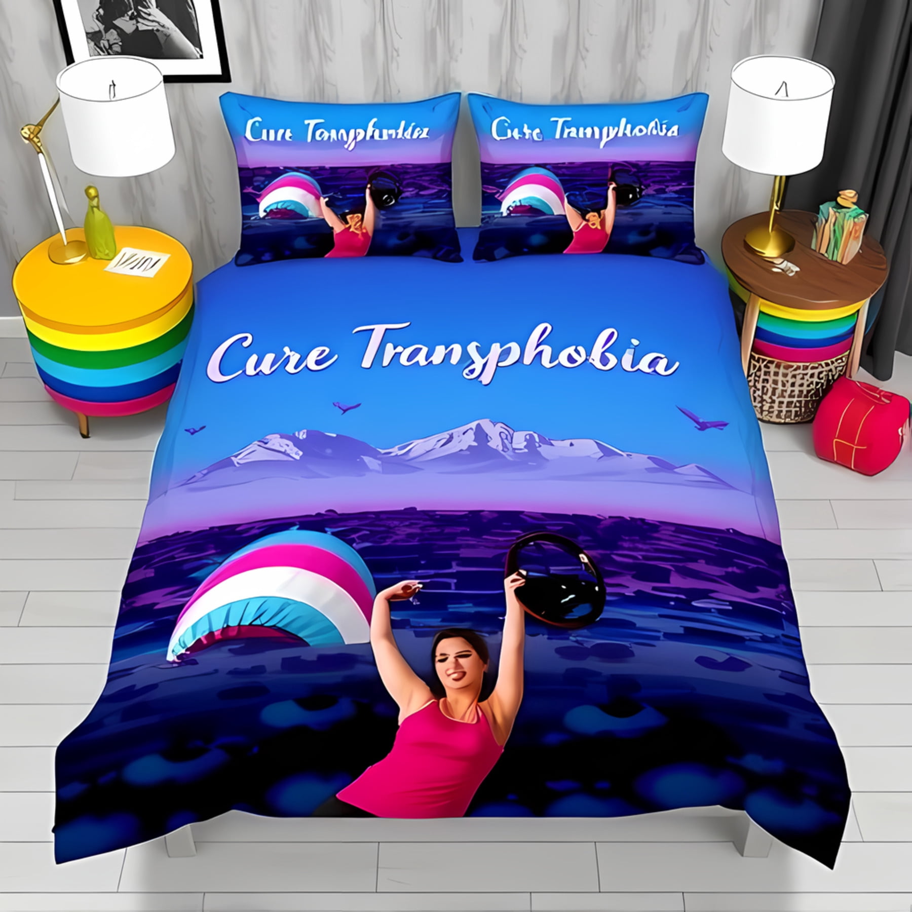3-Piece Blue Duvet Cover Set with " Cure Transphobia " Design Retro ...