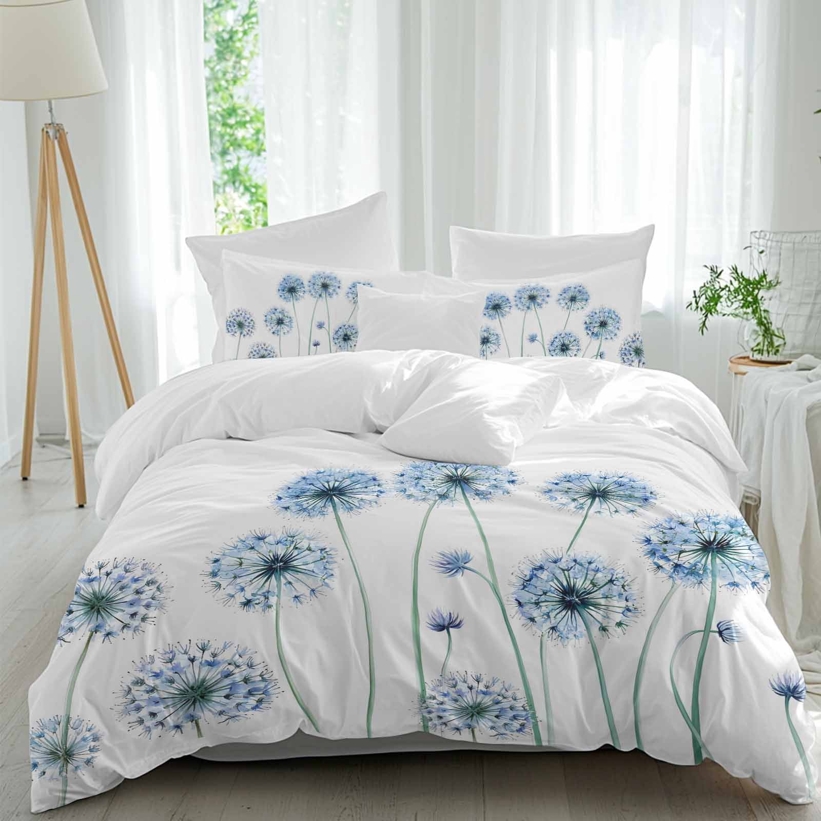 3 Piece Blue Flowers Duvet Cover Set Queen Size,Microfiber Comforter ...