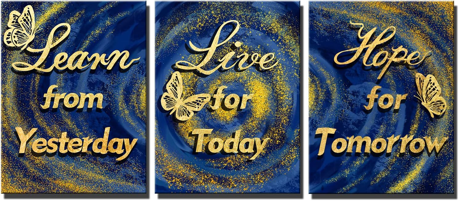 3 Piece Blue and Gold Canvas Decor Motivational Quotes Wall Art Life ...
