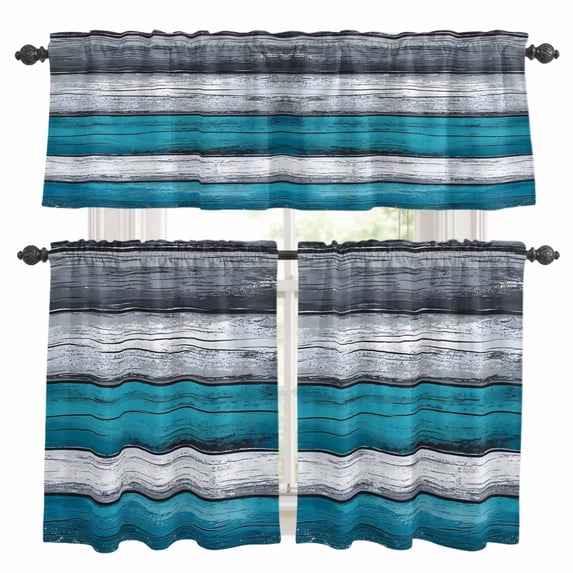 3 Piece Blue Grey Stripe Kitchen Curtain Valance and Tiers Set Vintage ...