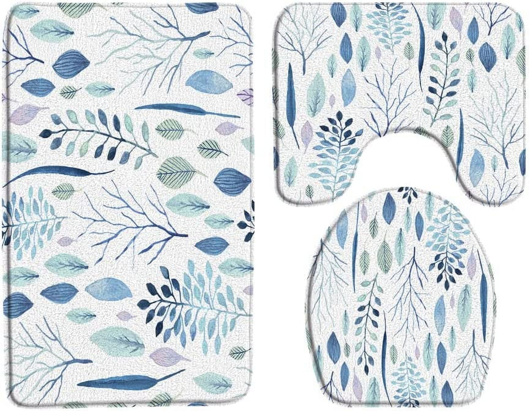 3 Piece Blue Leaves Bath Rugs Watercolor Leaf Succulent Floral ...