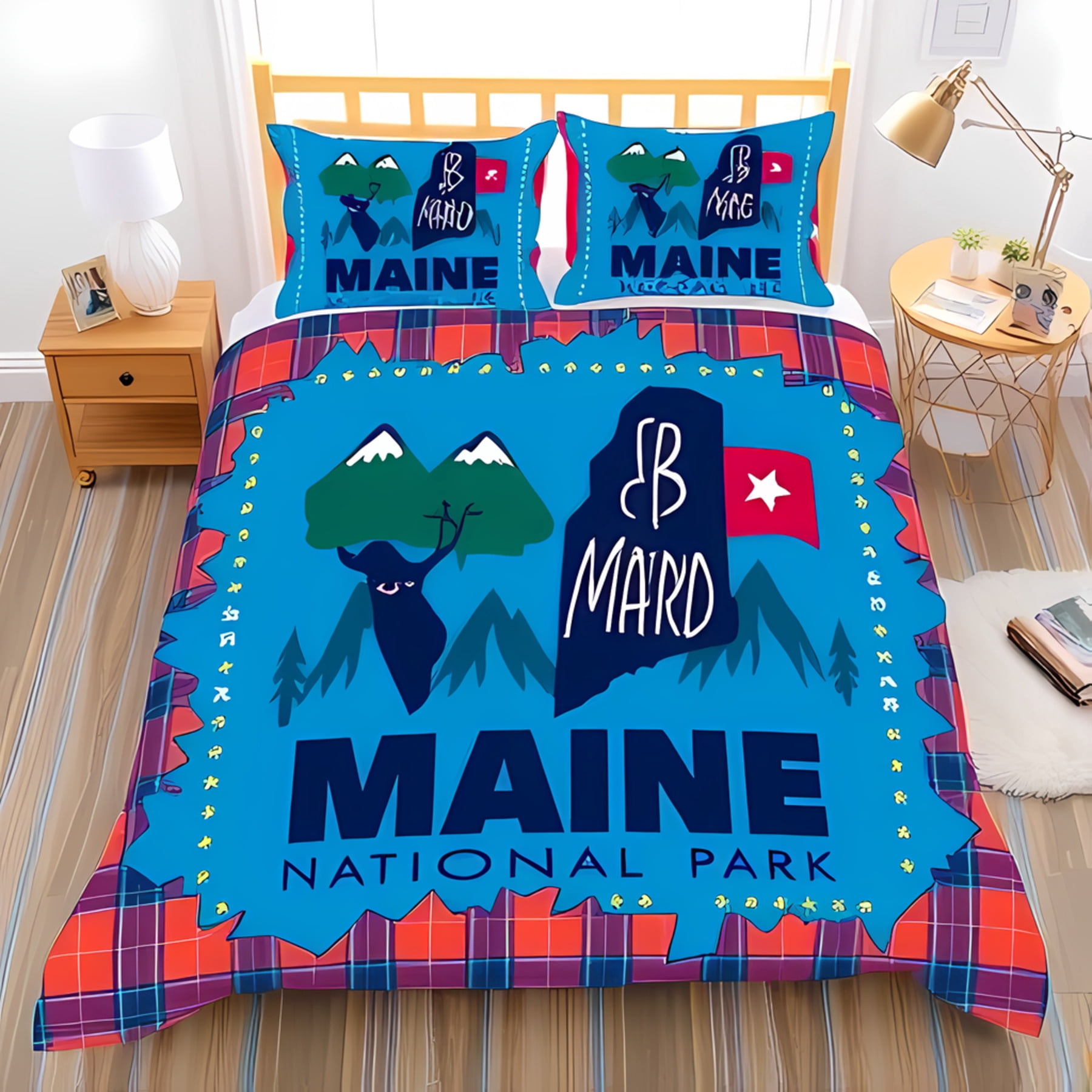 3-Piece Blue Maine National Park Duvet Cover Set with Whimsical Map ...