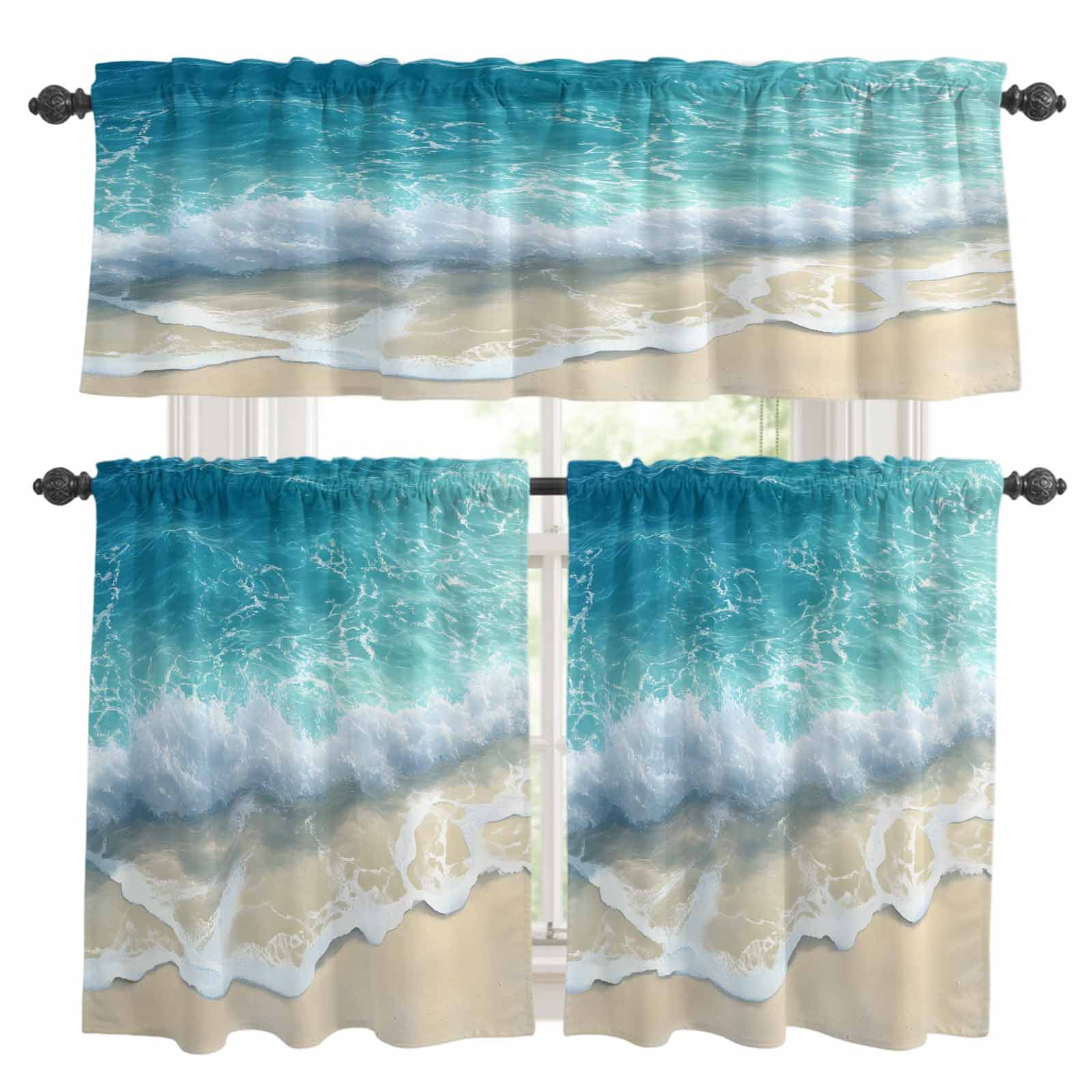 3 Piece Blue Ocean Beach Waves Kitchen Curtain Valance and Tiers Set ...
