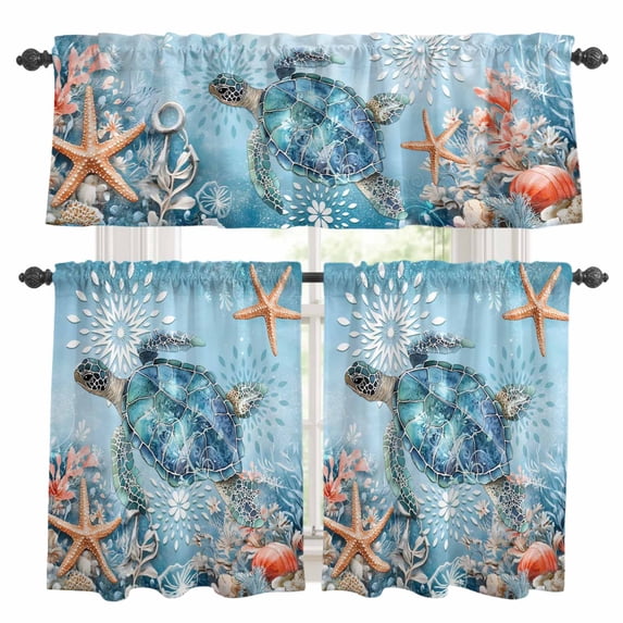 3 Piece Blue Ocean Kitchen Curtain Valance and Tiers Set Sea Turtle ...