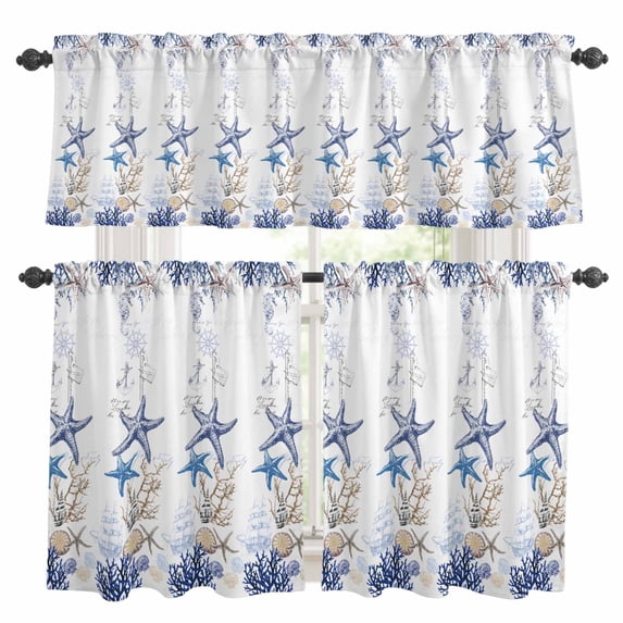3 Piece Blue Ocean Kitchen Curtain Valance and Tiers Set Starfish Shell ...
