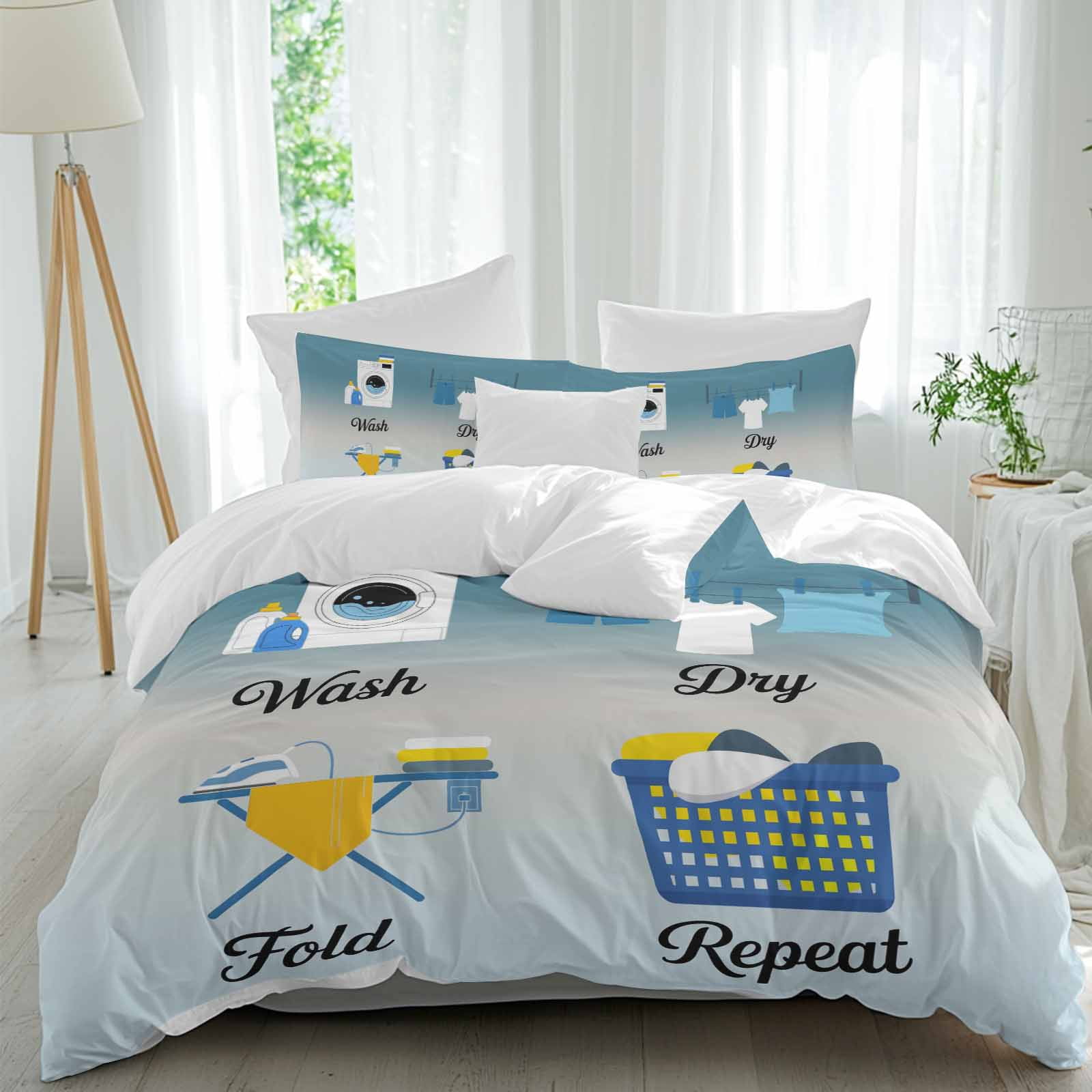 3 Piece Blue Ombre Laundry Duvet Cover Set Queen Size, Microfiber ...