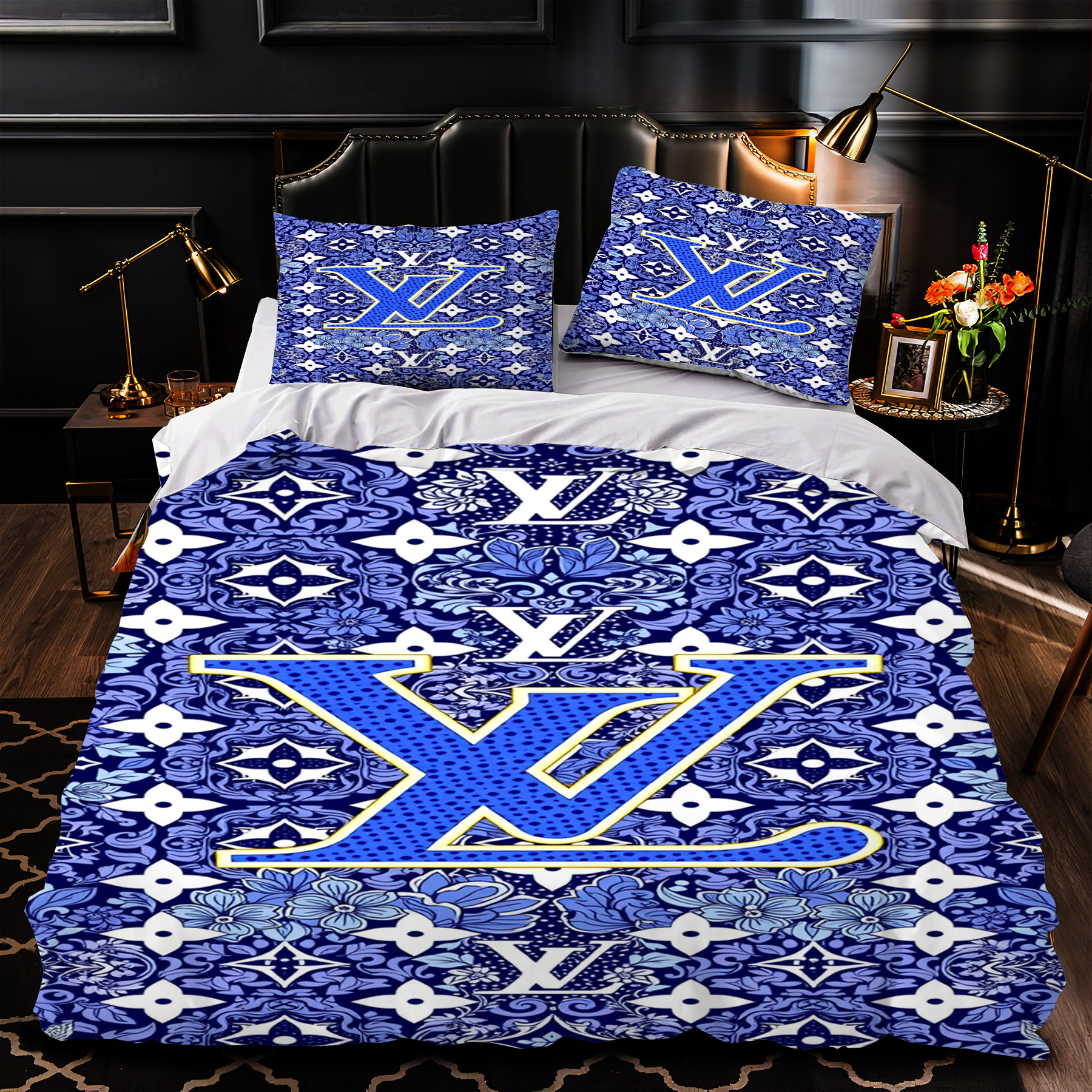 3-Piece Blue and White Duvet Cover Set with Bold Design and Intricate ...