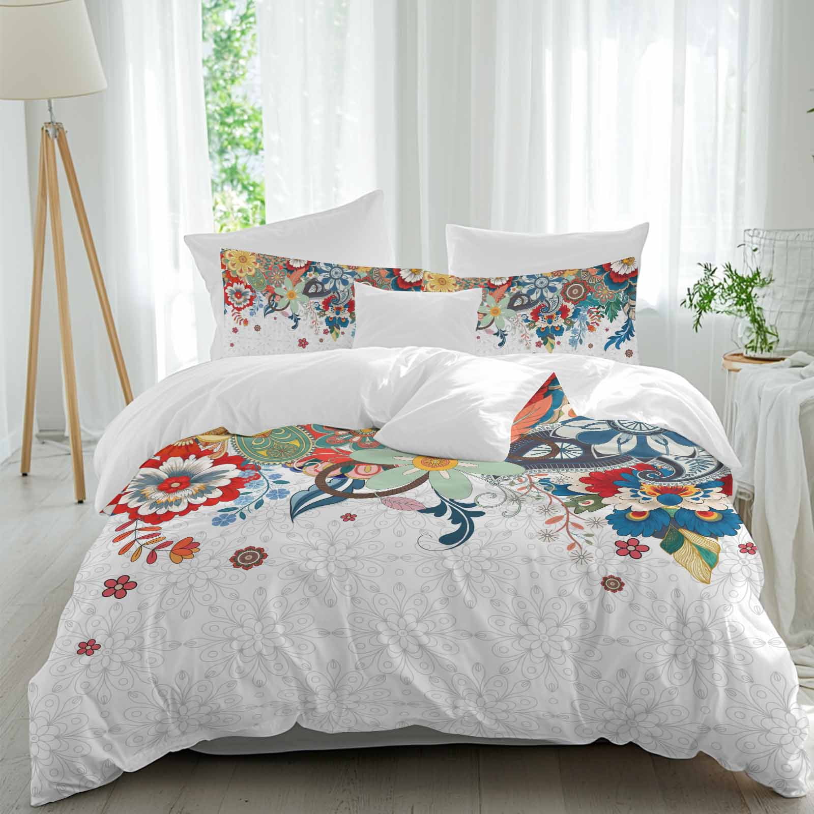 3 Piece Bohemian Floral Duvet Cover Set California King,Microfiber ...