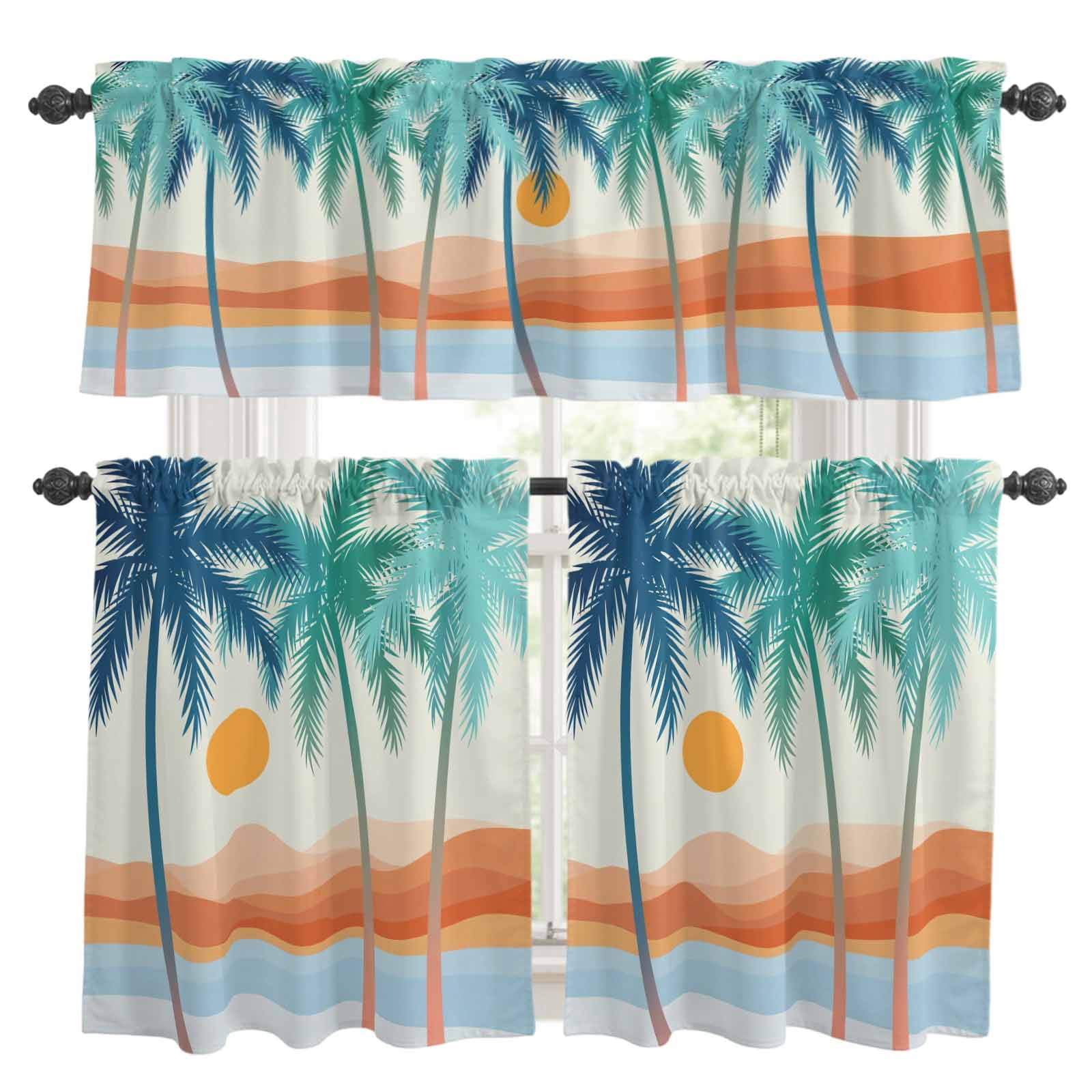 3 Piece Bohemian Summer Beach Kitchen Curtain Valance and Tiers Set ...