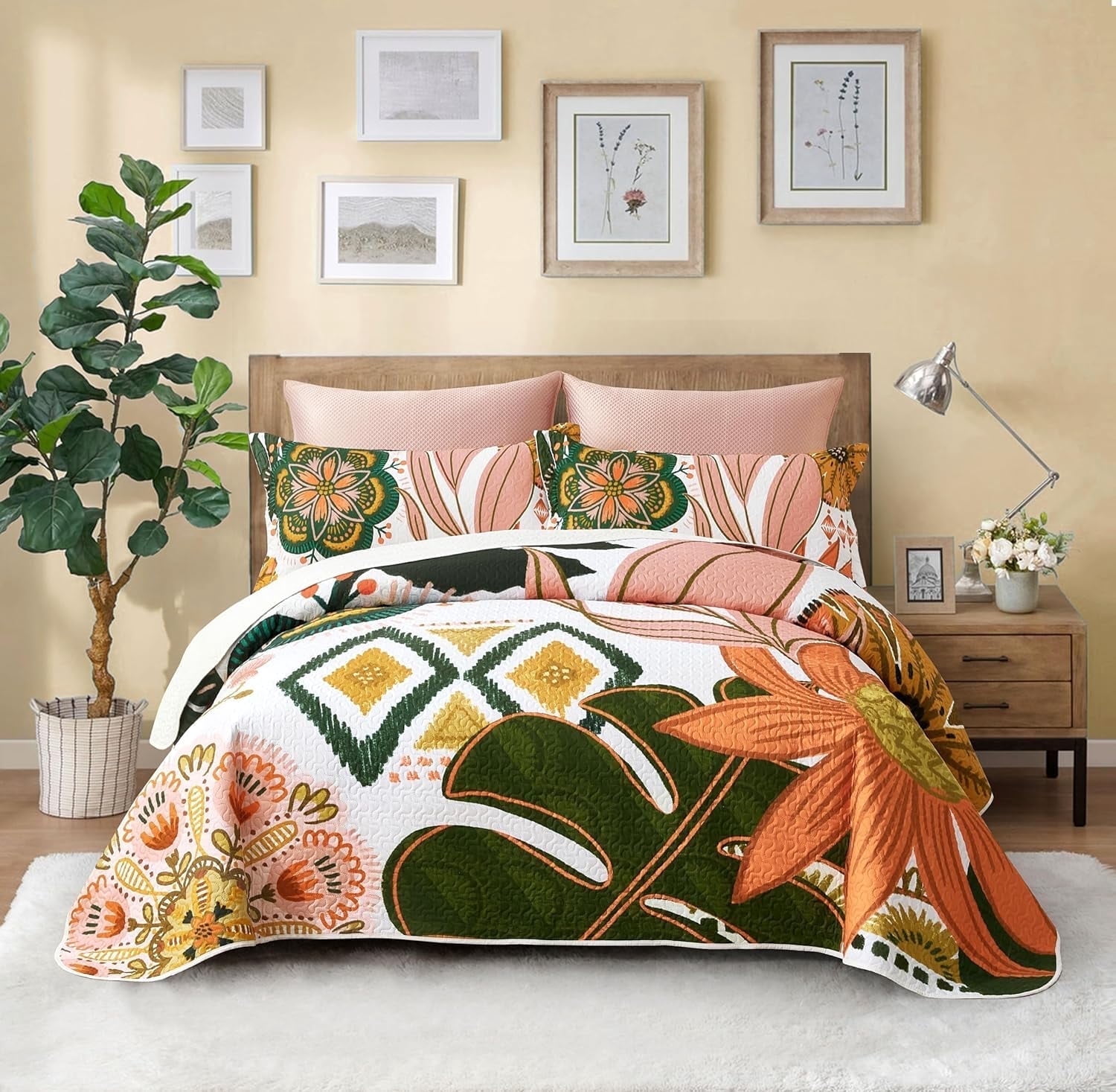 Tyrot 3-Piece Boho Floral Quilt Set, 90"x96" Full/Queen, Reversible ...