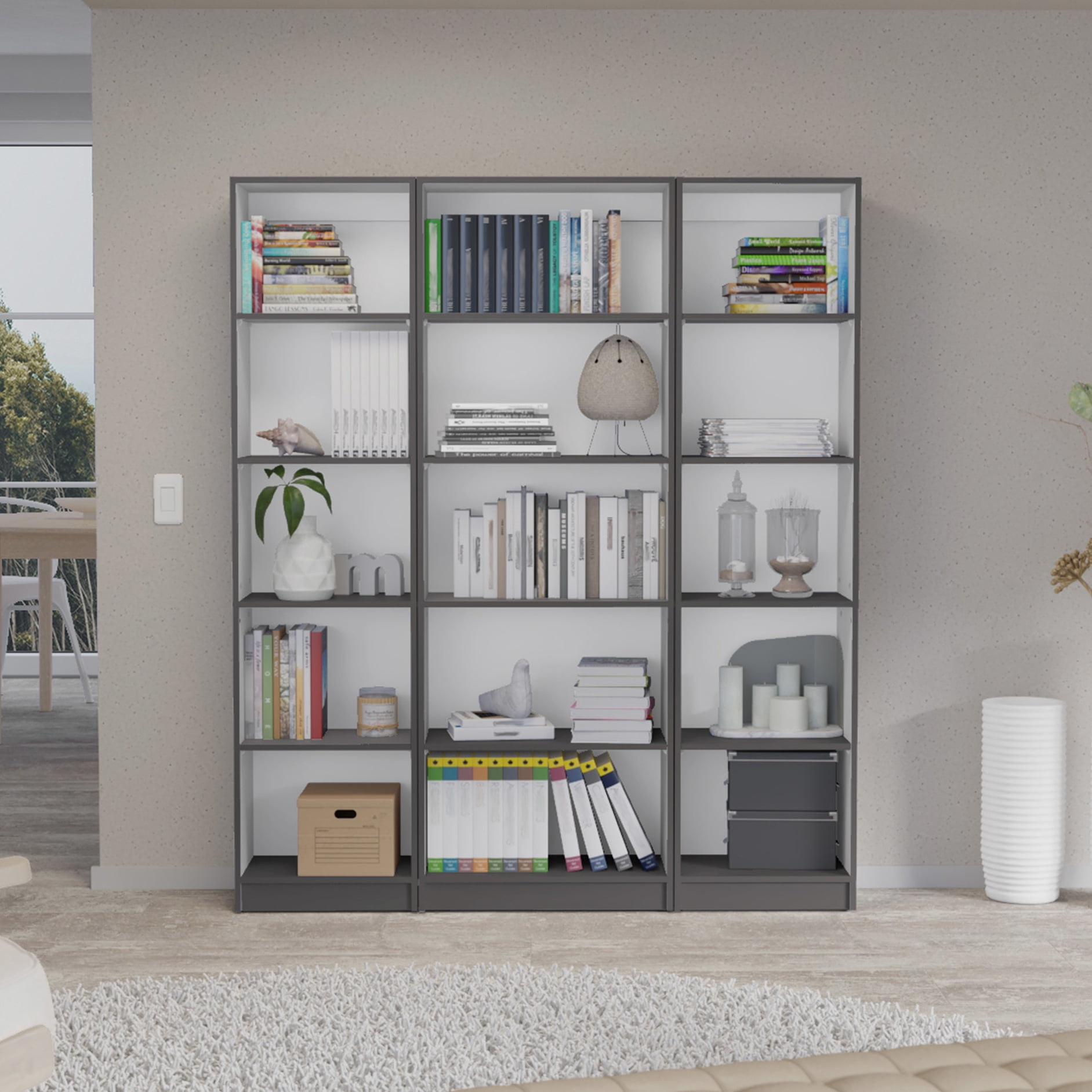 3 Piece Bookcase , 60" Wide 15 Shelves, Matt Gray - White, Office ...