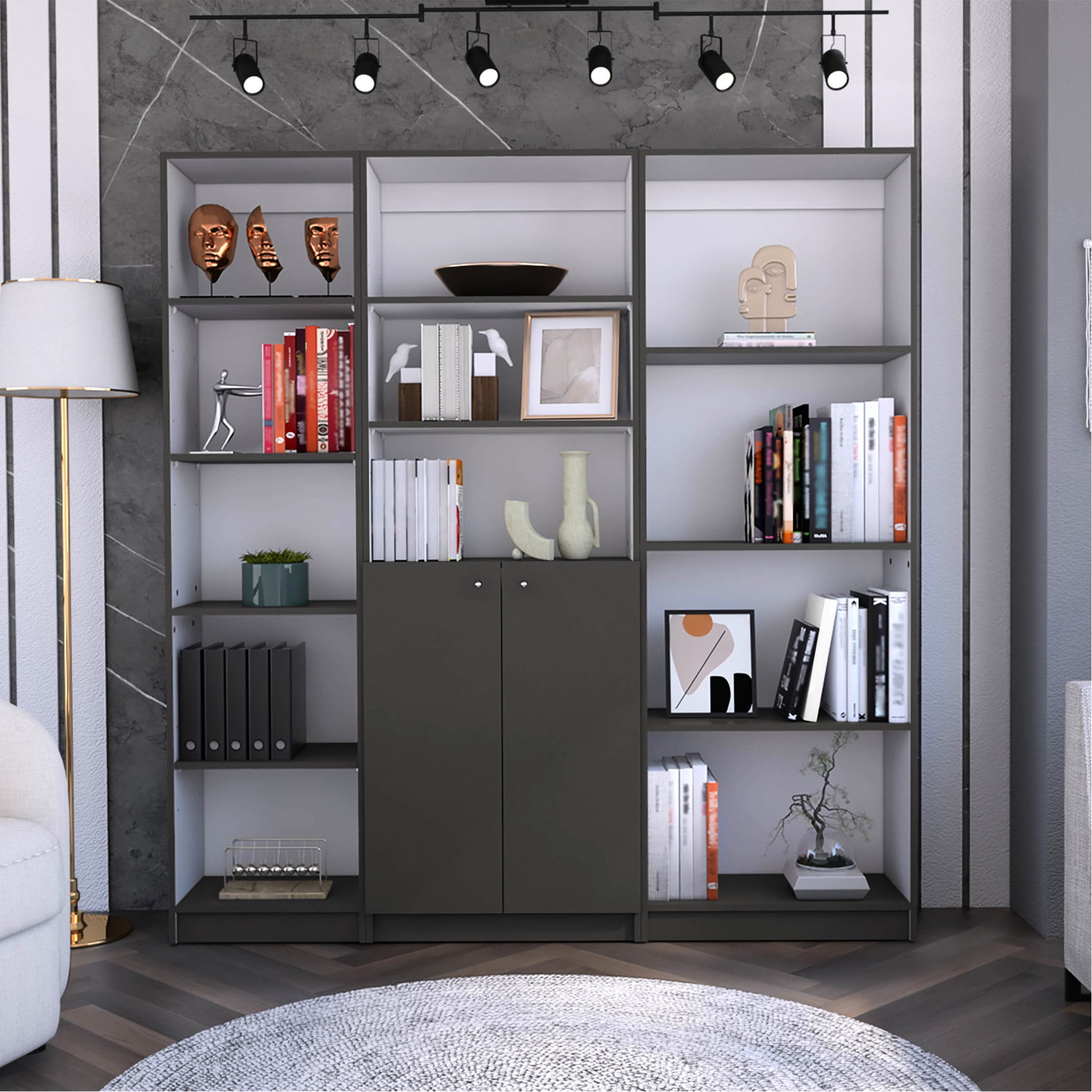 3 Piece Bookcase - 67" Wide 12 Shelves & 2-door Cabinet Gray+white ...