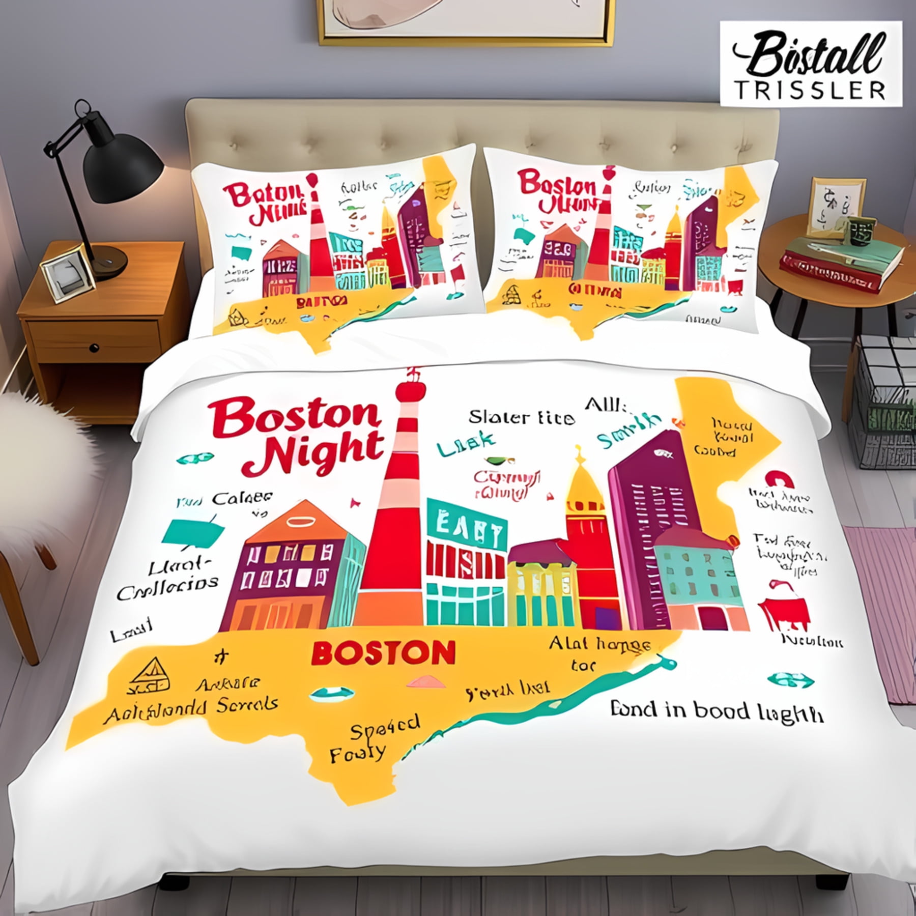 3-Piece Boston Map Duvet Cover Set - Colorful Whimsical Design ...