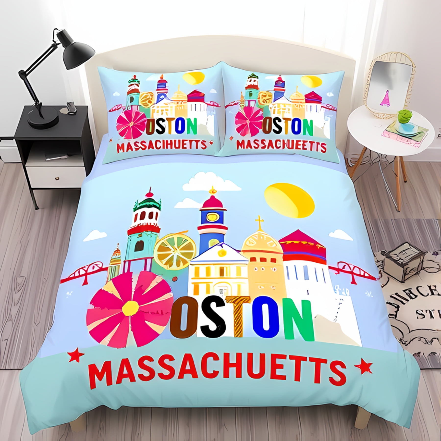 3-Piece Boston Massachusetts Duvet Cover Set - Colorful Cityscape ...