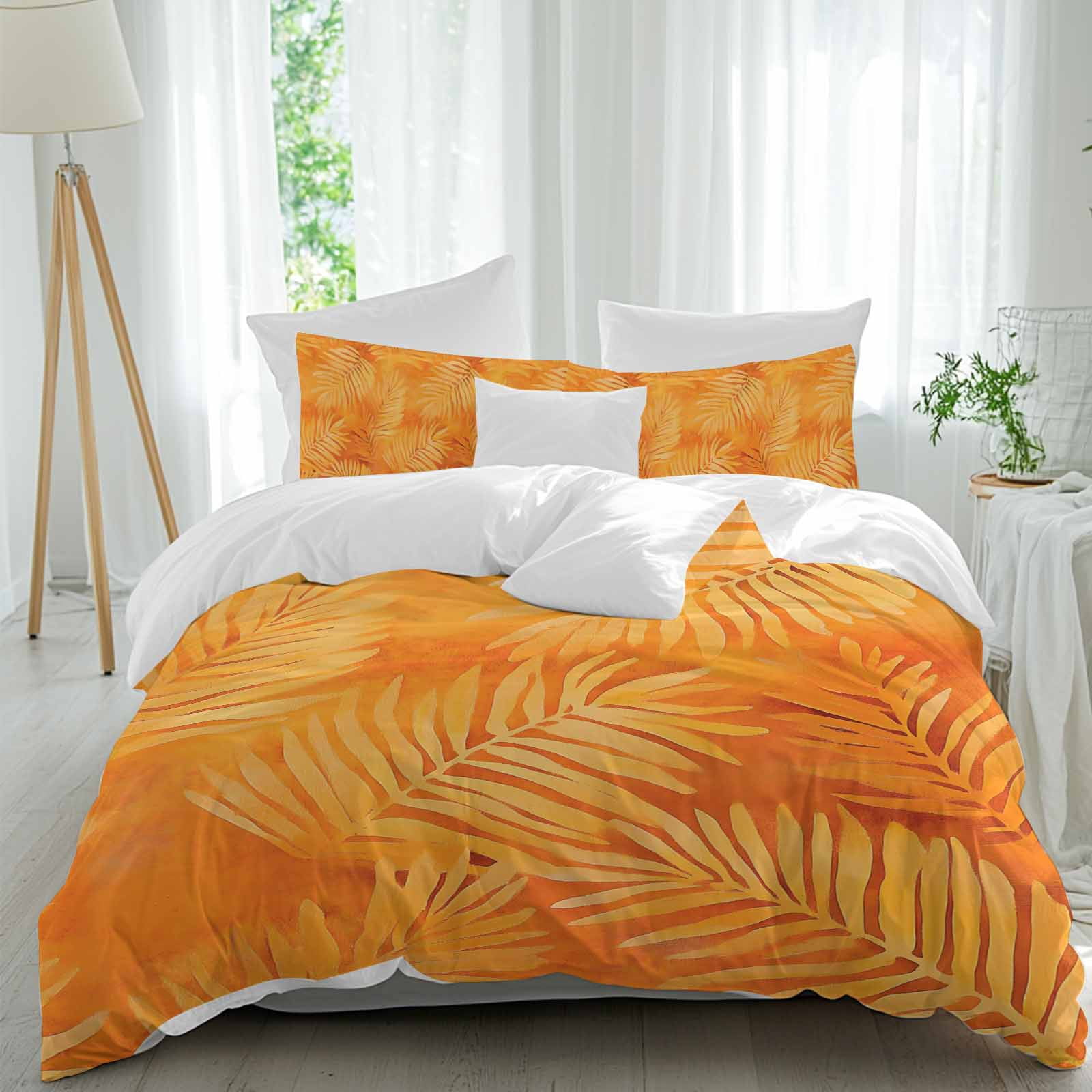 3 Piece Botanical Orange Duvet Cover Set Twin Size, Microfiber ...
