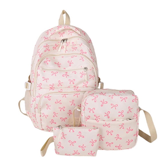 3-Piece Bow Print Backpack Set, Large Capacity Nylon School Bag with ...
