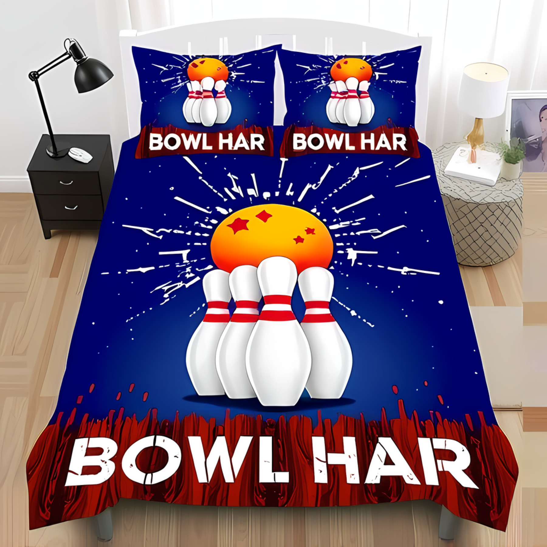 3-Piece Bowling Duvet Cover Set - Vibrant Blue with Fiery Orange Sphere ...