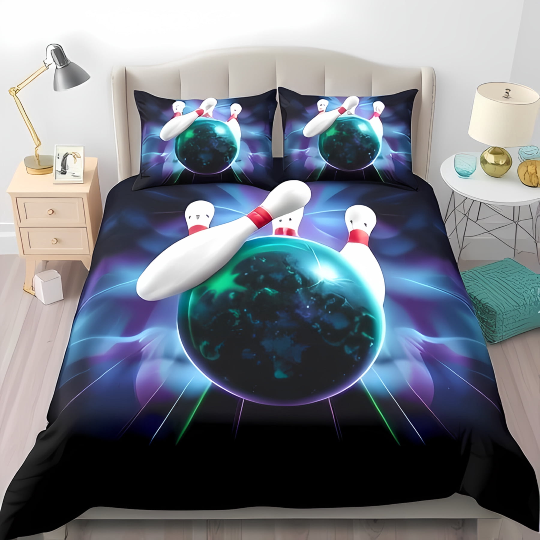 3-Piece Bowling Duvet Cover Set - Vibrant Purple & Blue Design with ...