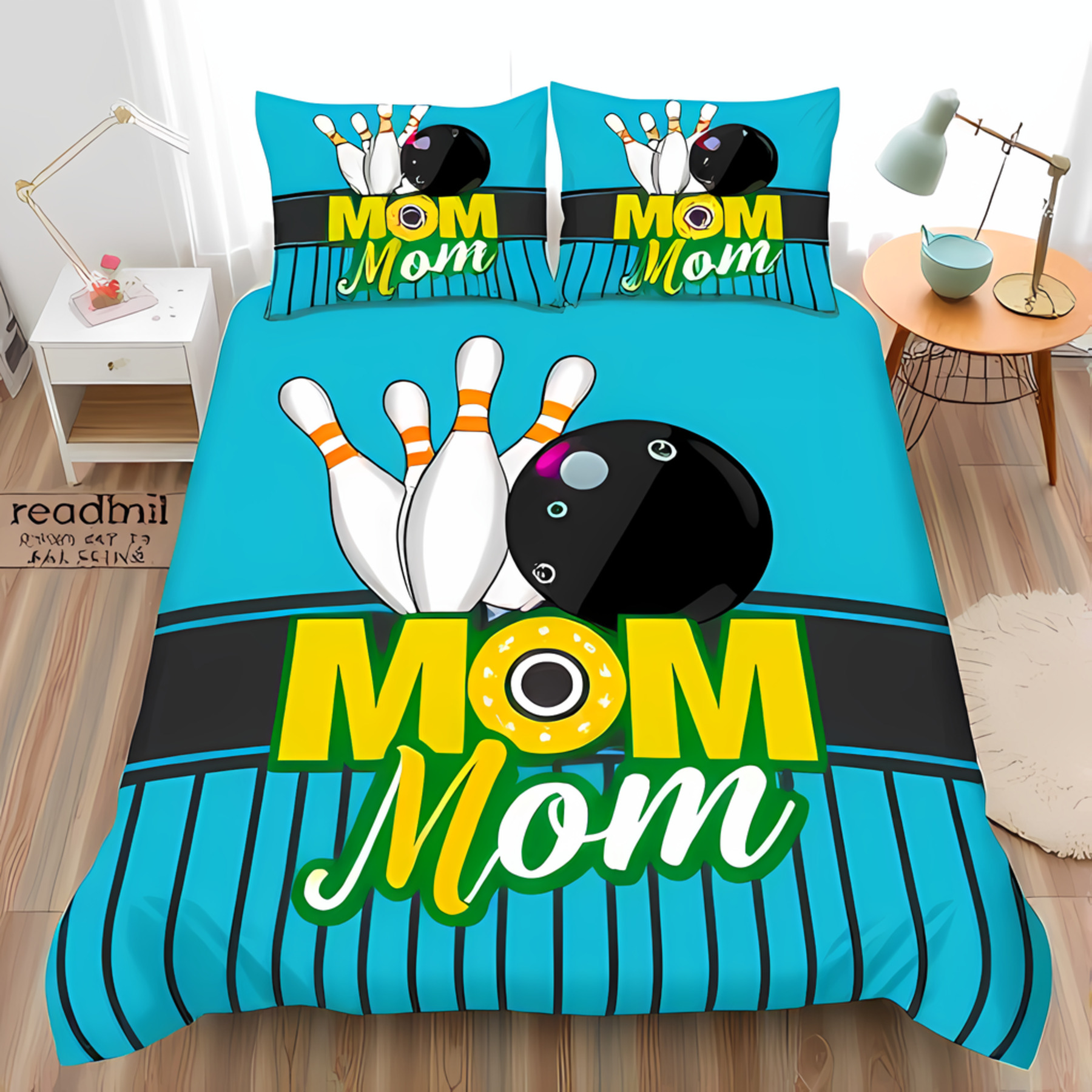 3-Piece Bowling Mom Duvet Cover Set - Vibrant Blue Bedding with Bowling ...