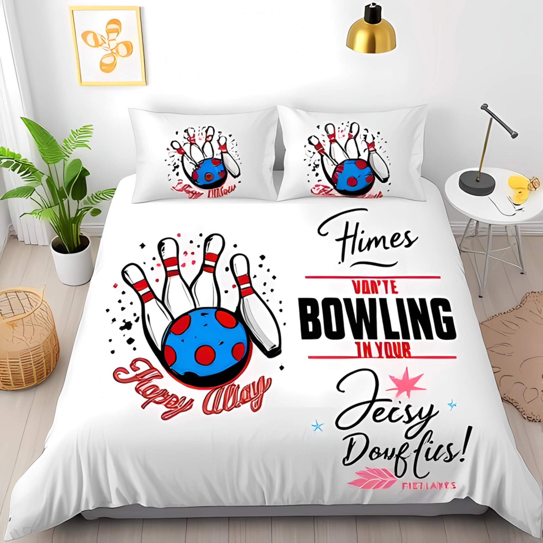 3-Piece Bowling Themed Duvet Cover Set - Fun "Happy Alley" Design for ...