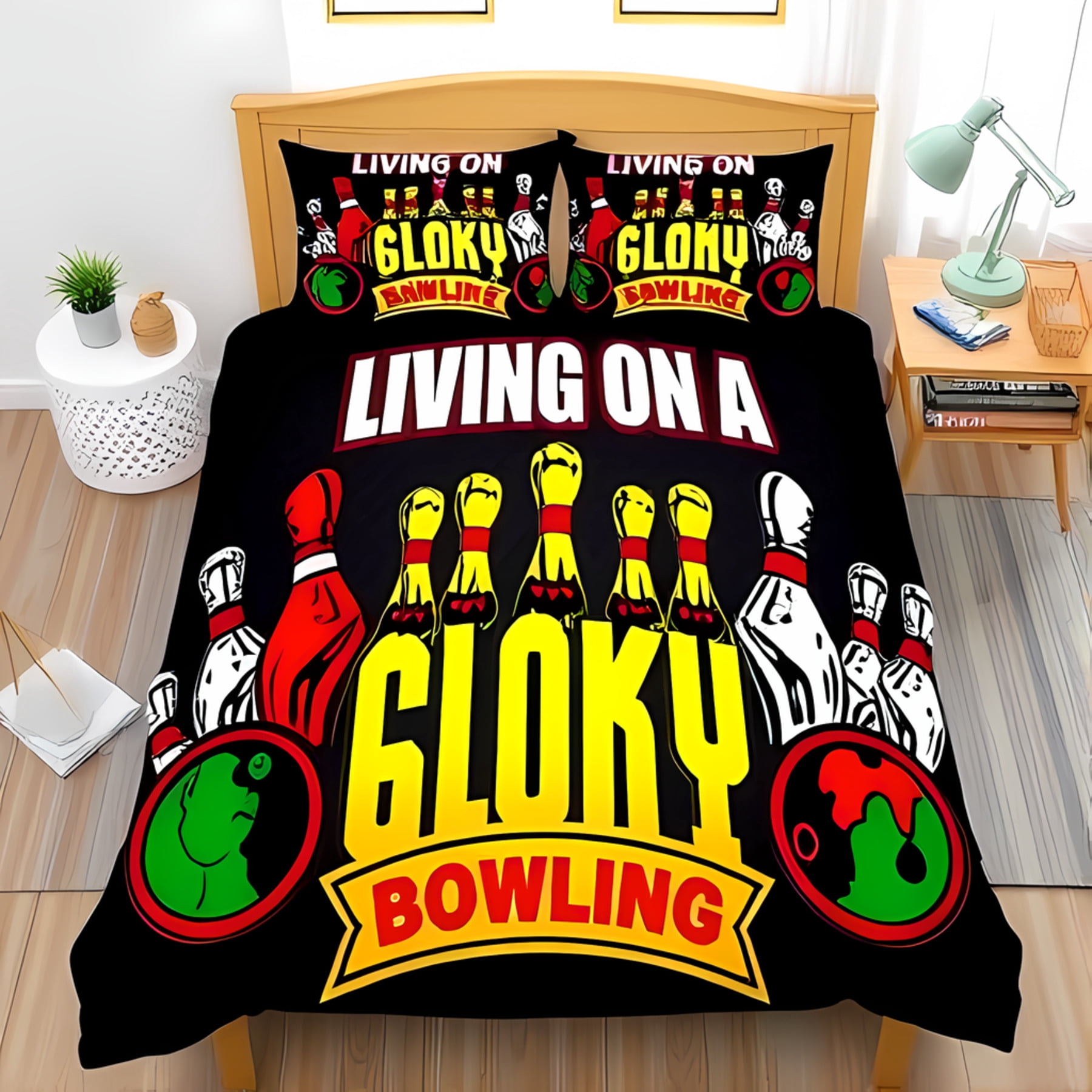 3-Piece Bowling Themed Duvet Cover Set - "Living on a Gloky Bowling ...