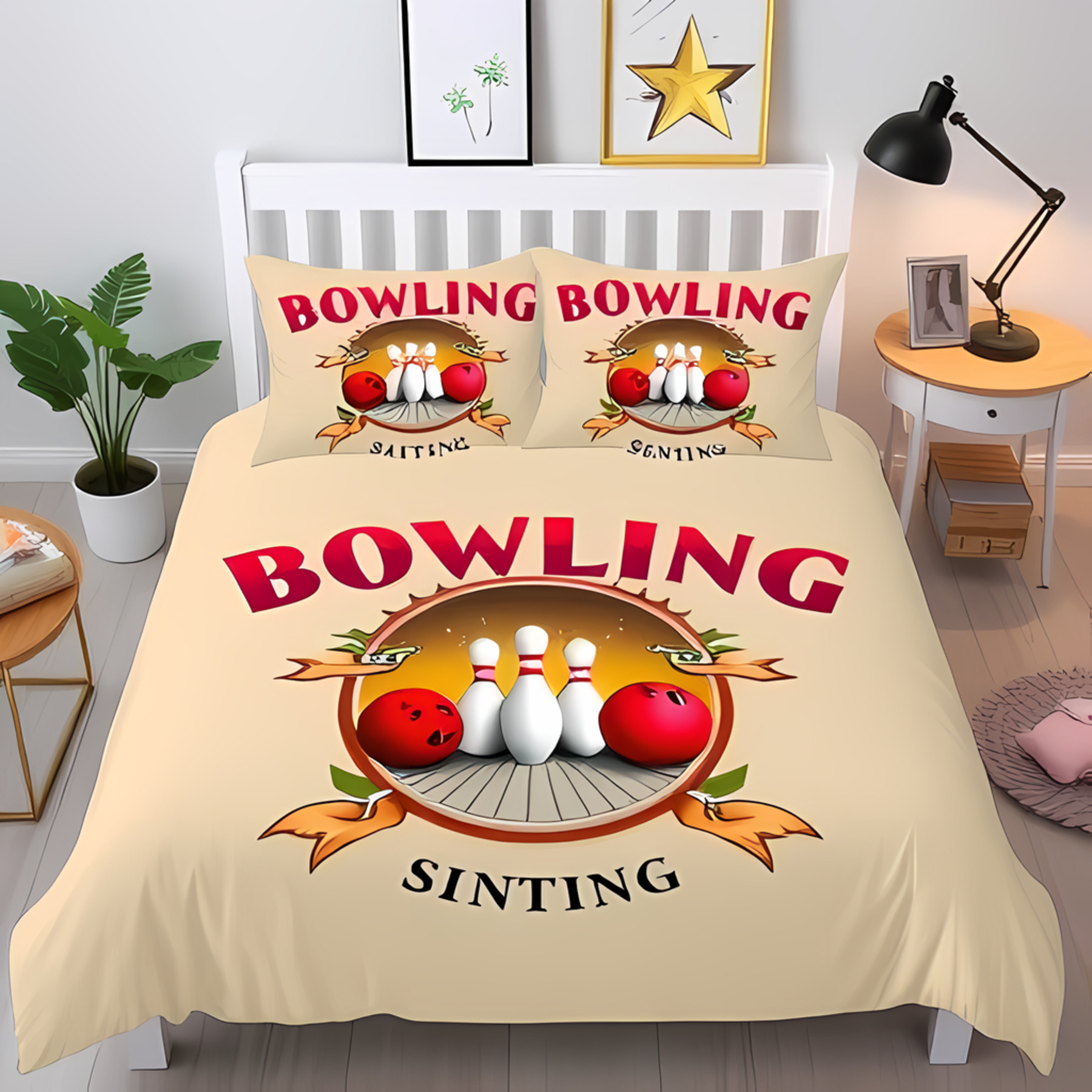 3-Piece Bowling-Themed Duvet Cover Set with Matching Pillows - Beige ...
