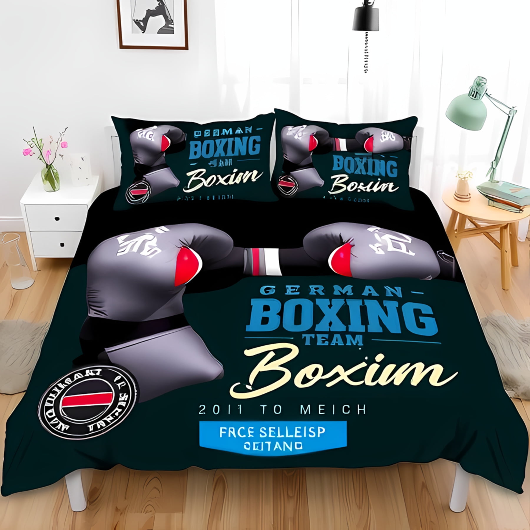 3-Piece Boxing Themed Duvet Cover Set with Black & Red Gloves on Blue ...
