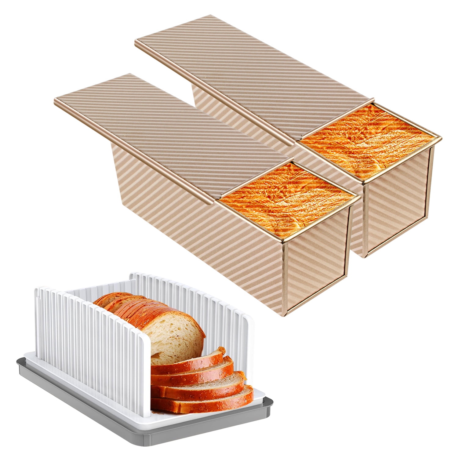 3-Piece Bread Baking Set with 2 Rose Gold Pullman Loaf Pans & Slicer ...