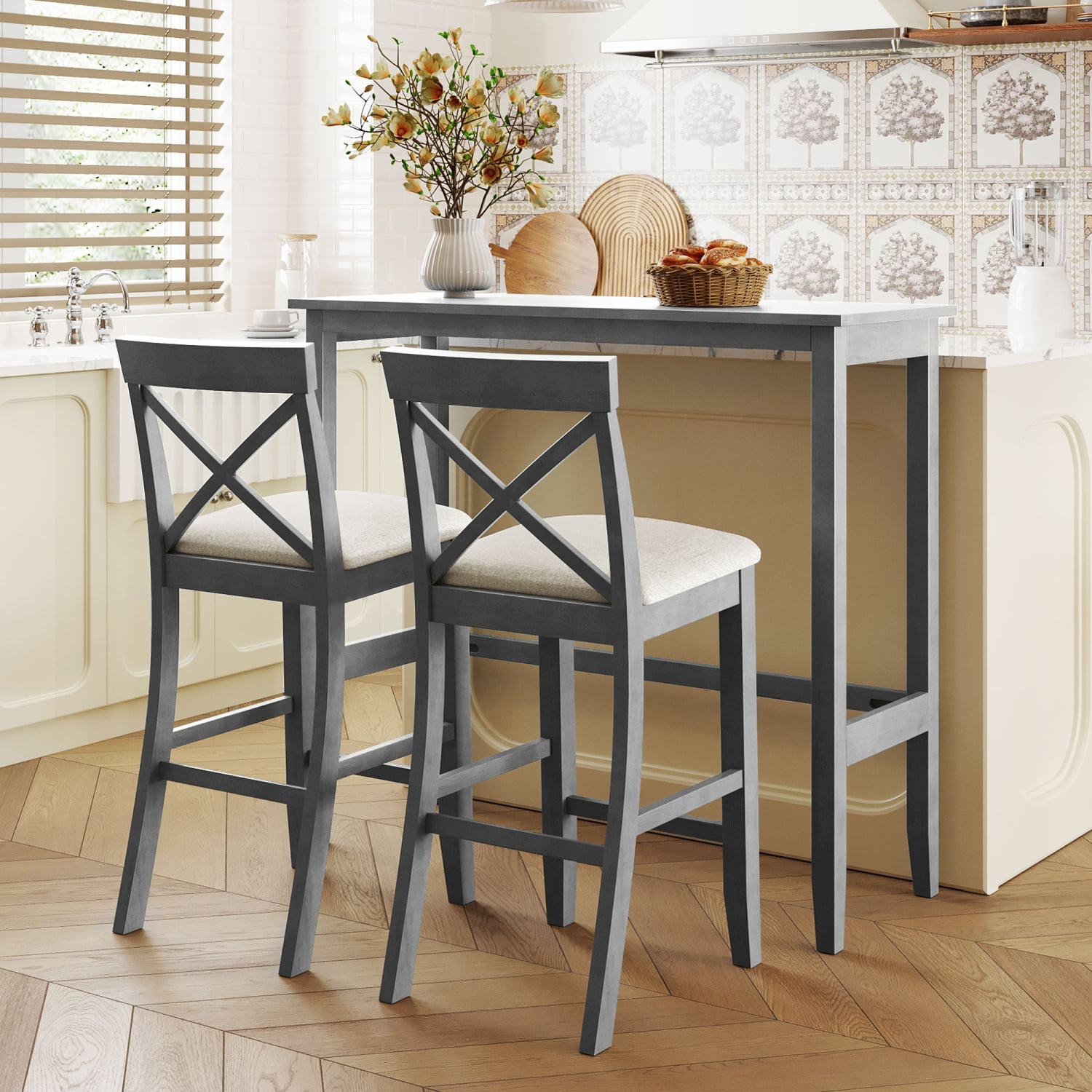 3 Piece Breakfast Nook Table Set, Farmhouse 48" Rectangular Wood Bar ...