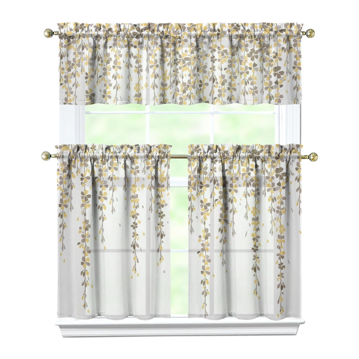 3-Piece Bright Flowers Kitchen Curtain Set - Ruffled Valance and Tier ...