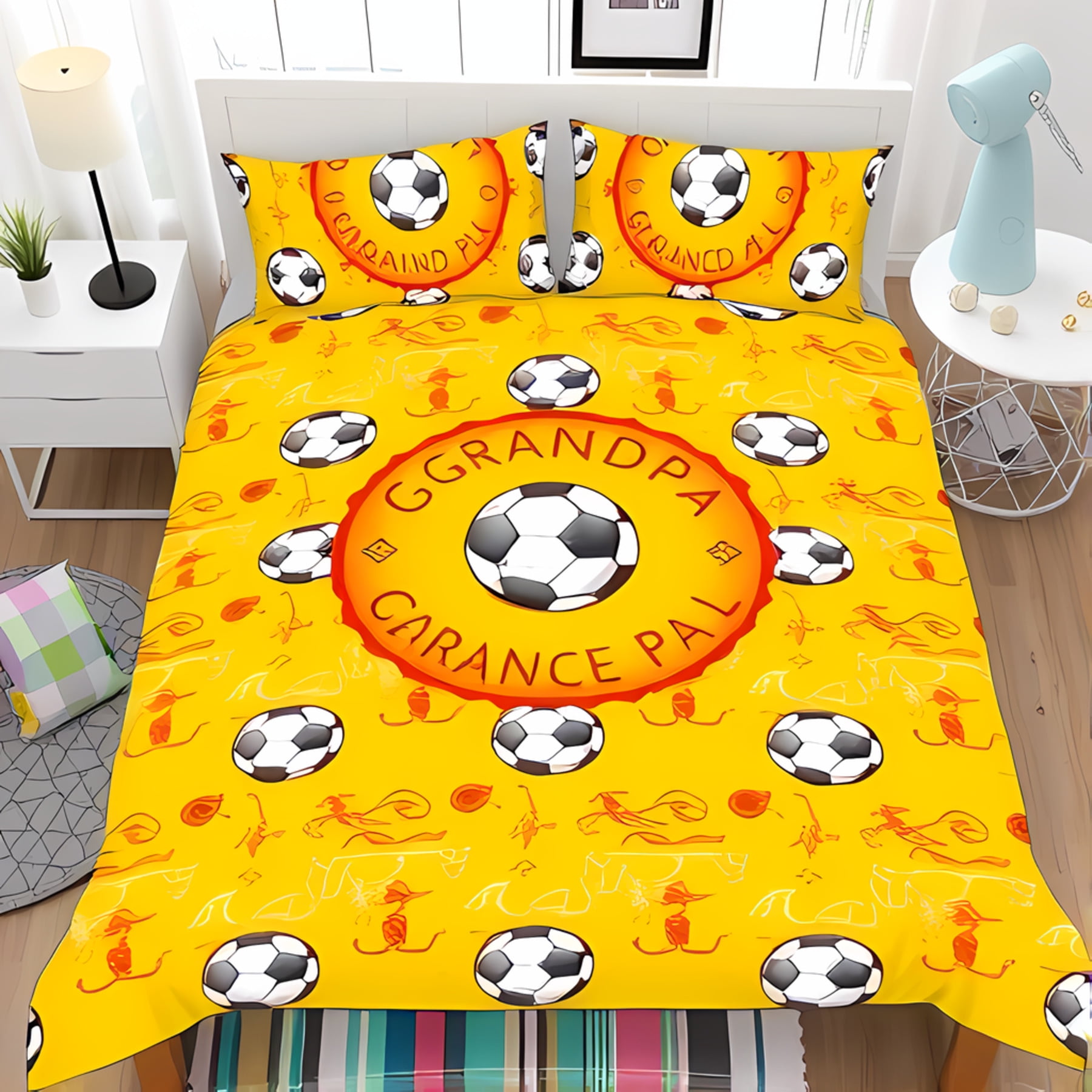 3-Piece Bright Yellow Soccer Ball Duvet Cover Set with Sports ...